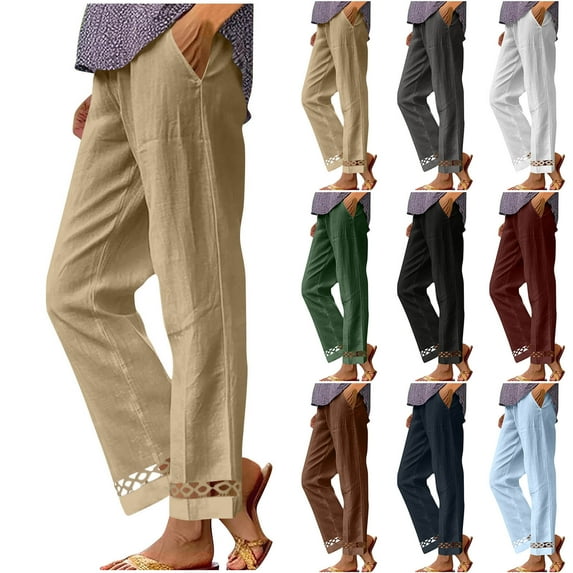 HAOTAGS Summer Linen Pants for Women, High Waist Straight Leg Pants ...