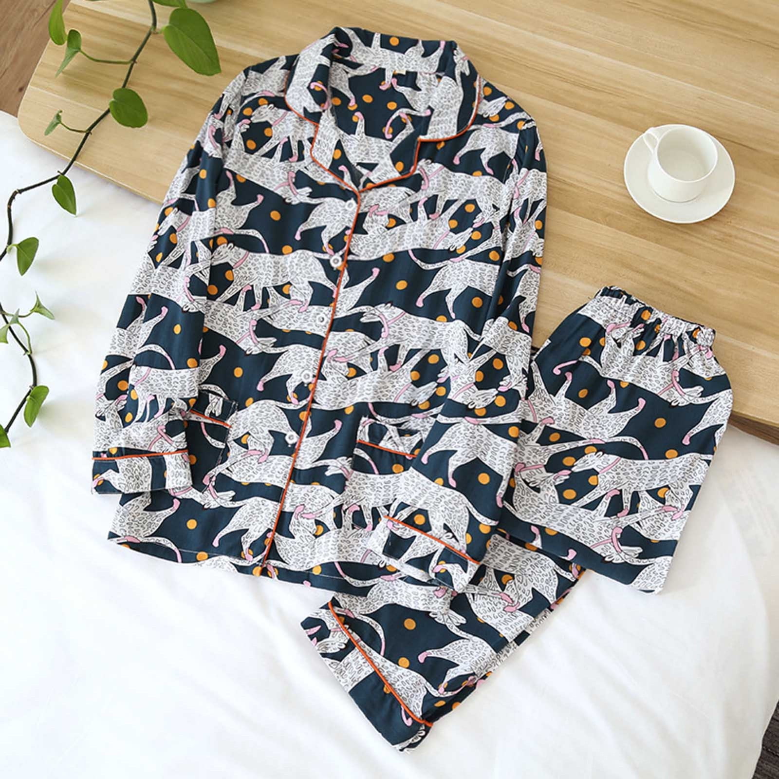 HAOTAGS Women's Fall Pajama Sets Printed 100% Cotton Button Down Long ...