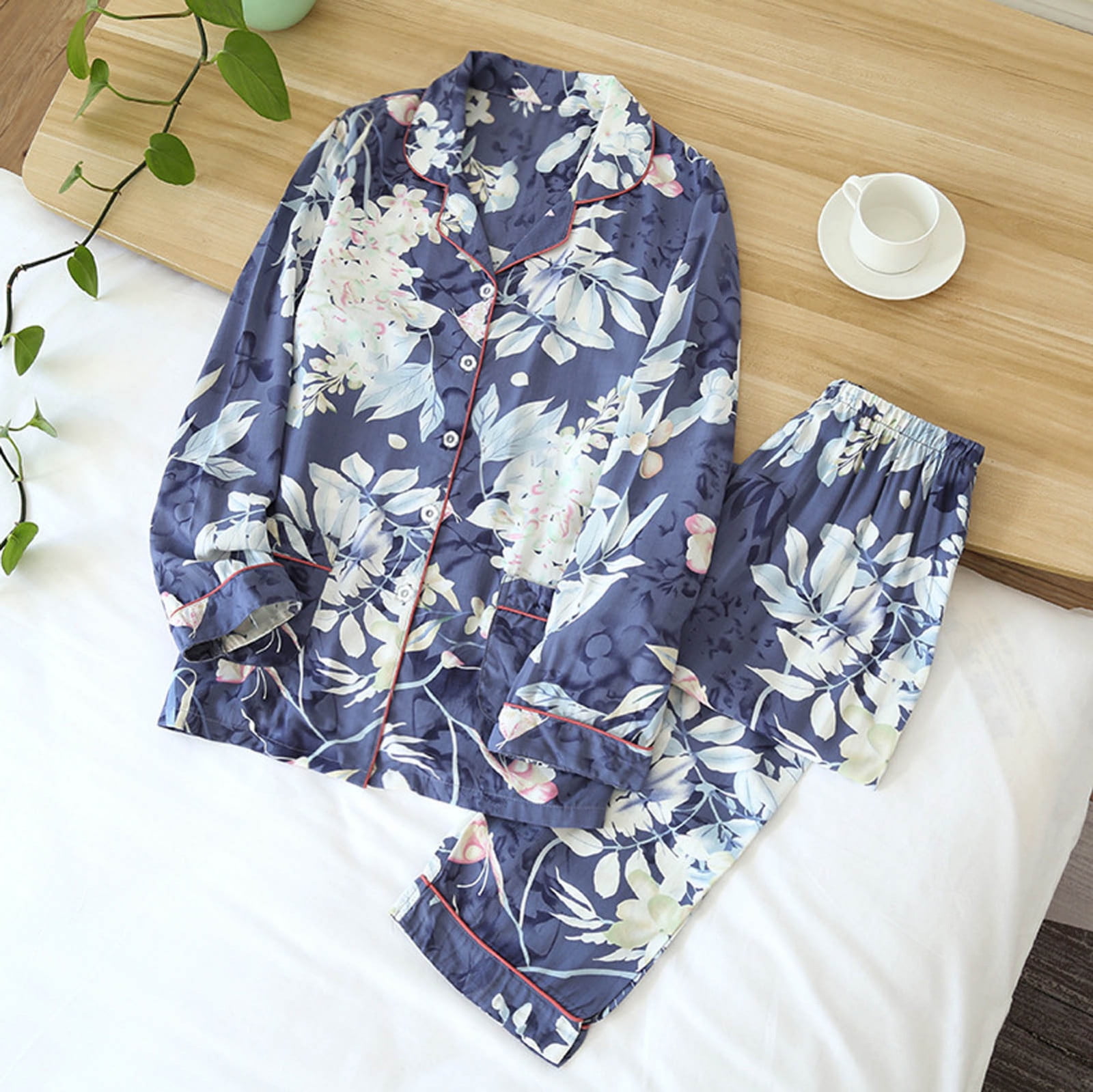 HAOTAGS Women's Fall Pajama Sets Printed 100% Cotton Button Down Long ...