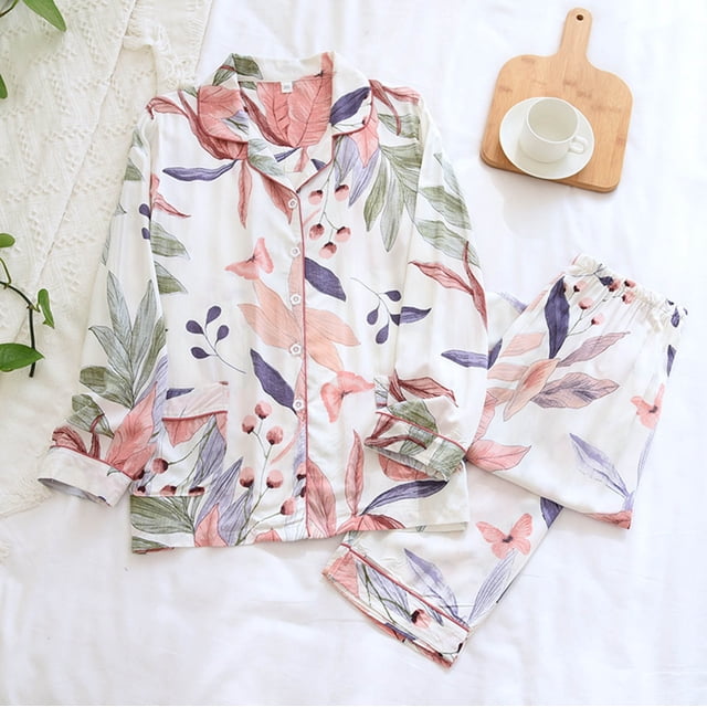 HAOTAGS Women's Fall Pajama Sets Printed 100% Cotton Button Down Long ...
