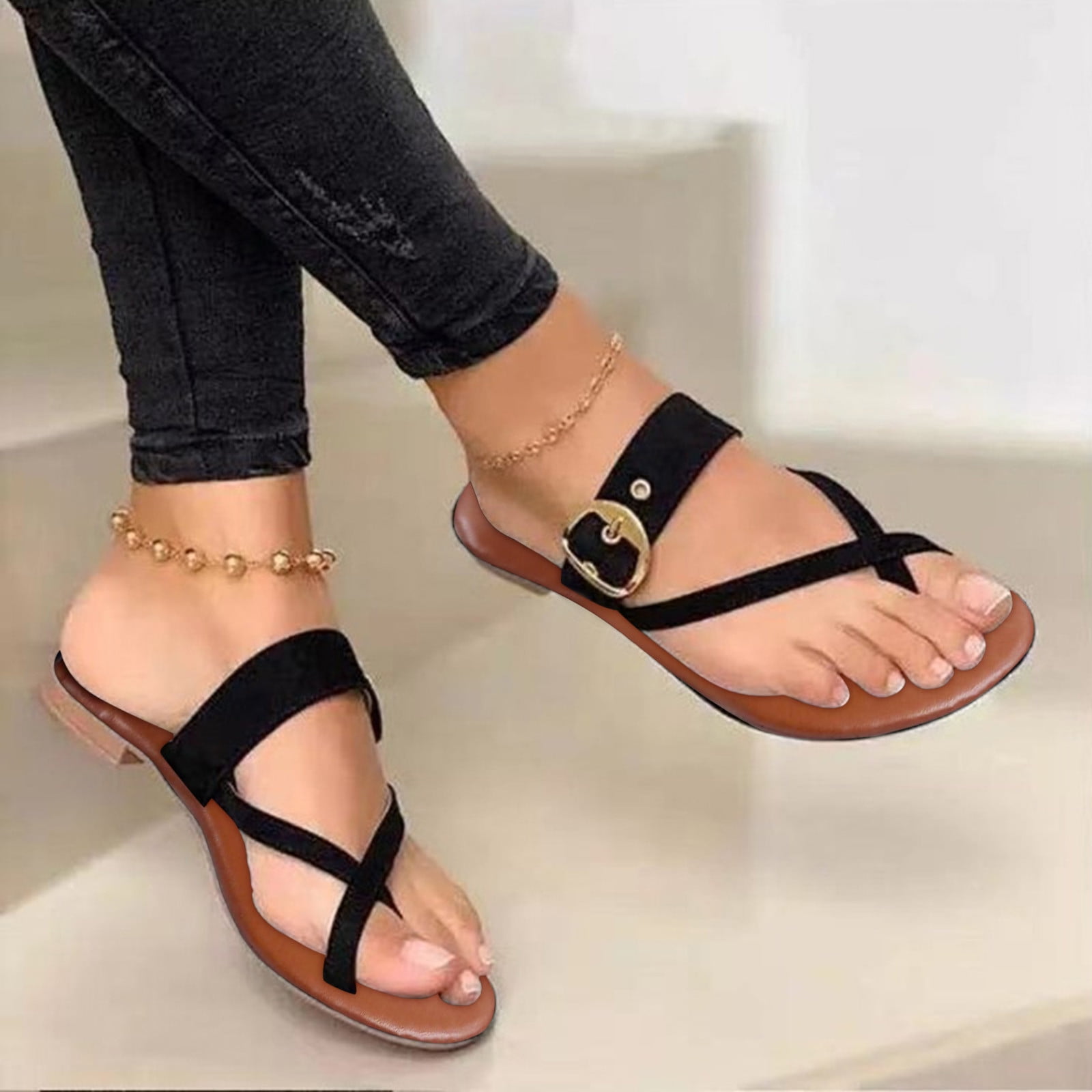 HAOTAGS Women's Flat Toe Ring Slides Sandals Slide Sandals Toe Ring ...