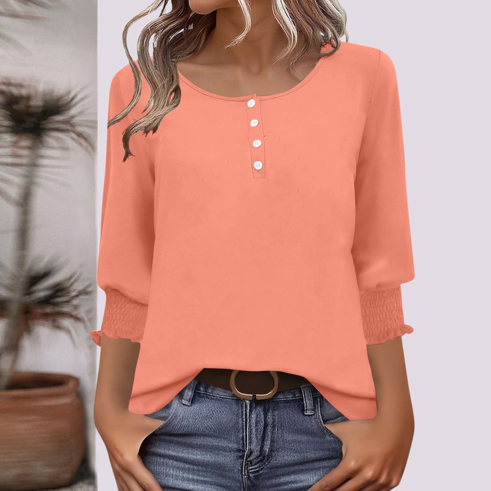 HAOTAGS Womens Blouses Orange Cute Button Down Shirts Henley 3/4 Sleeve ...