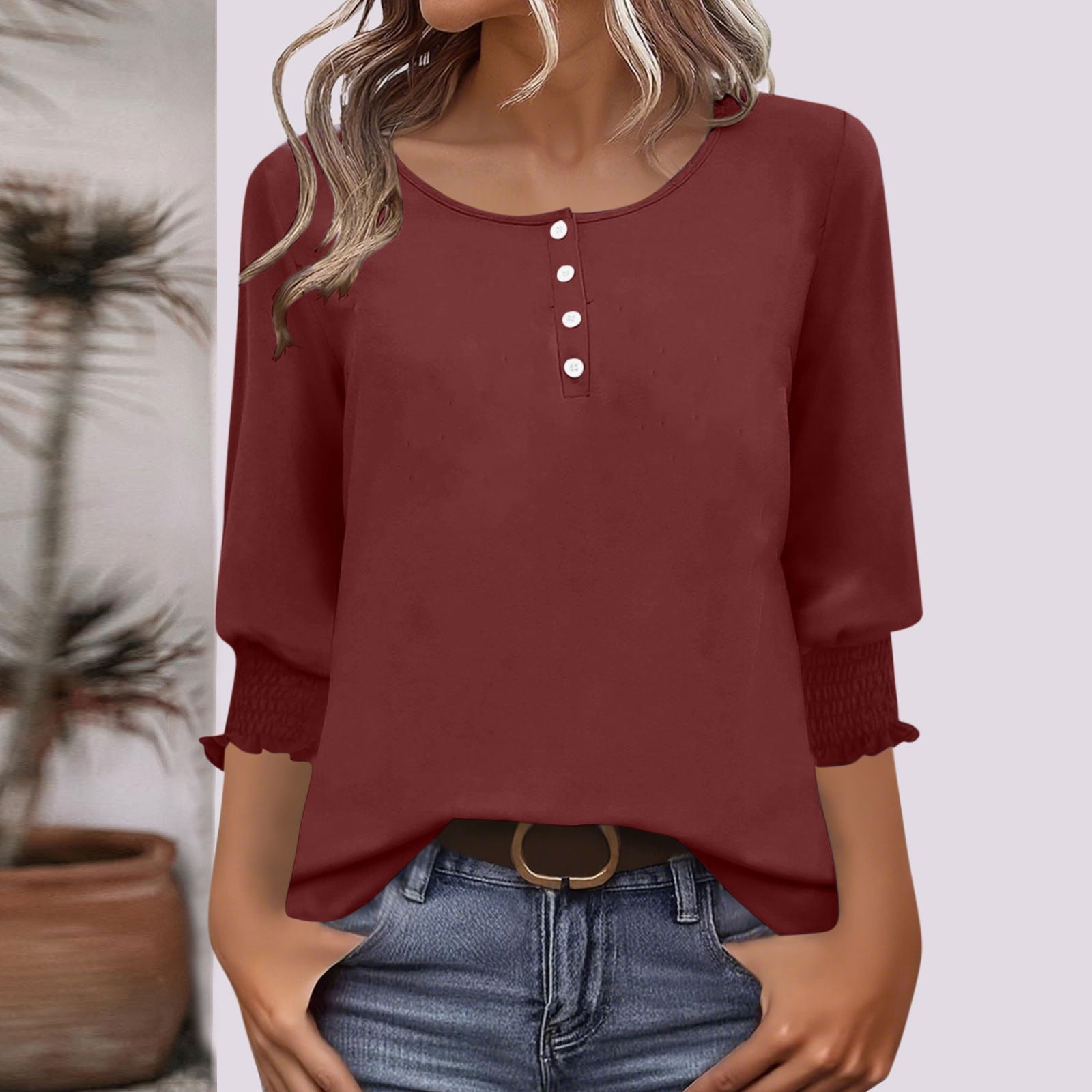 HAOTAGS Womens Shirts Cute Button Down Garnet Tops Plain Henley 3/4 ...