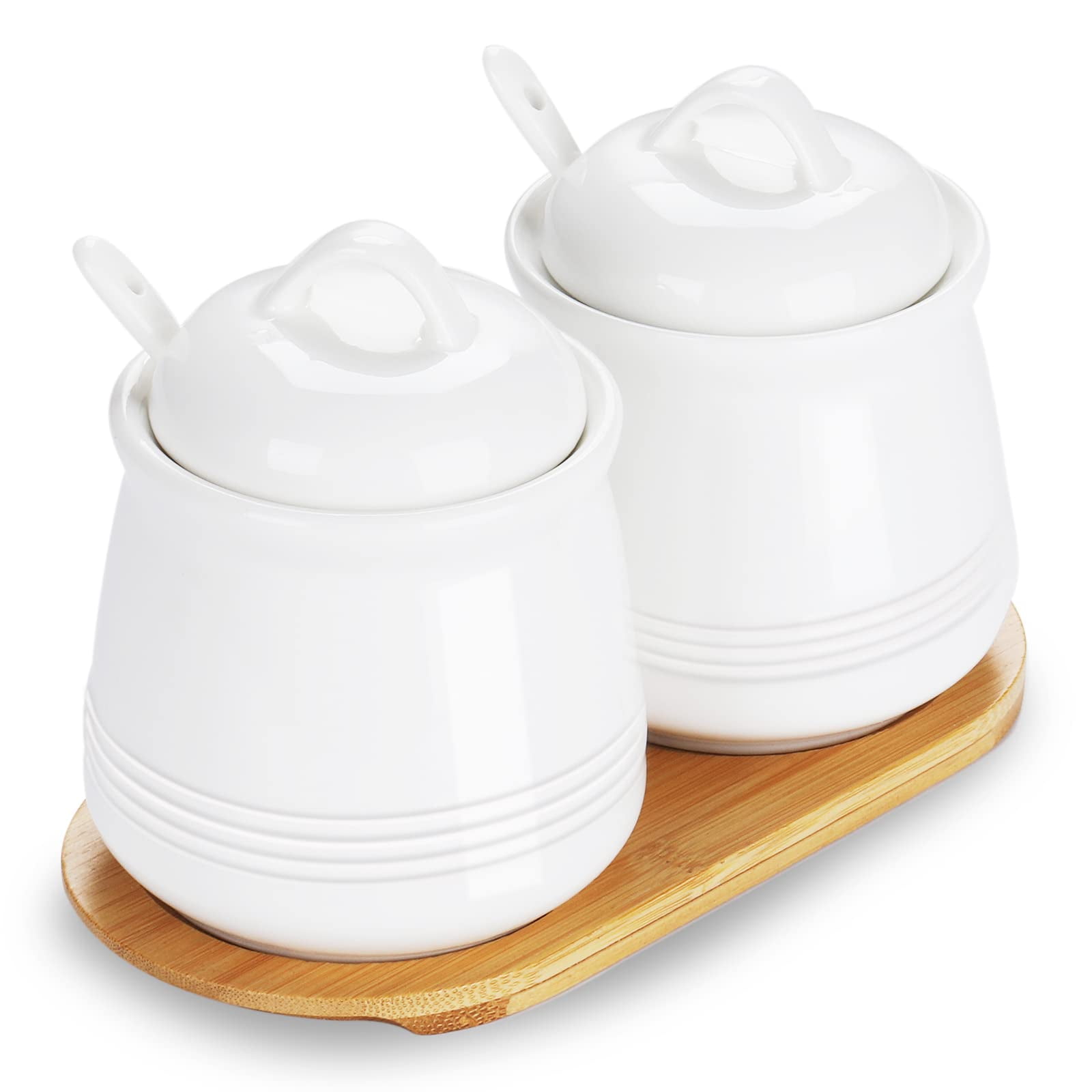 HAOTOP Ceramic Sugar Bowl Set, 2 Pack Porcelain Jar with Tray, Spoon ...