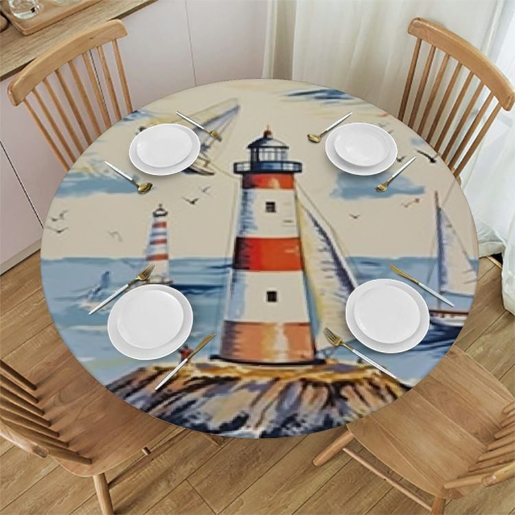 HAOXIT Away Nautical Flannel Backed Round Tablecloth, Boats, Lighthouse ...
