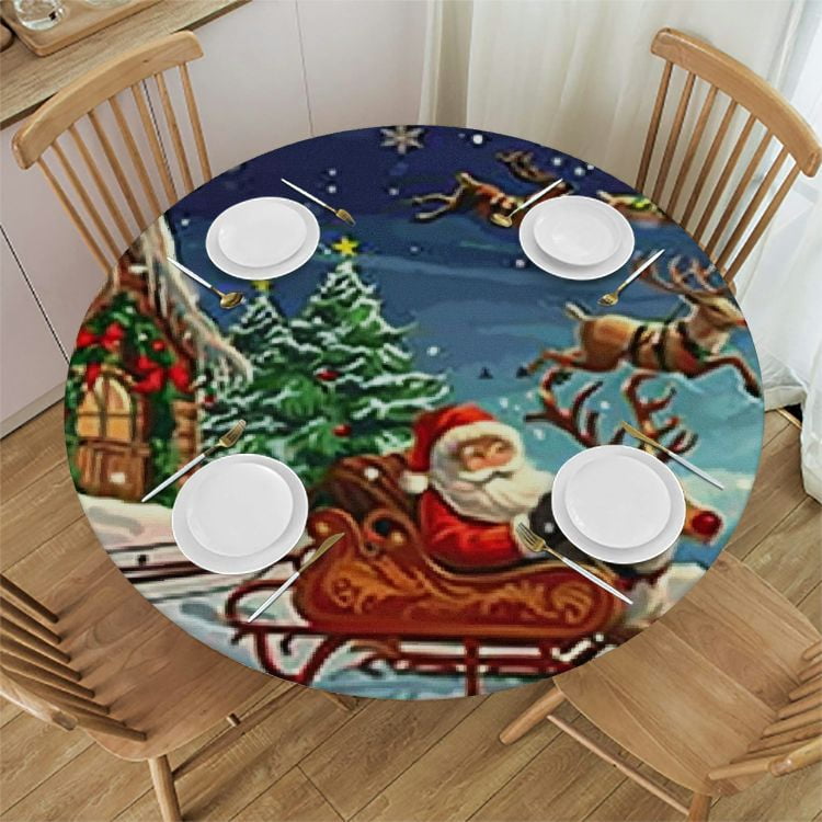 HAOXIT Christmas Round Elastic Fitted Tablecloth, Delivering Presents ...
