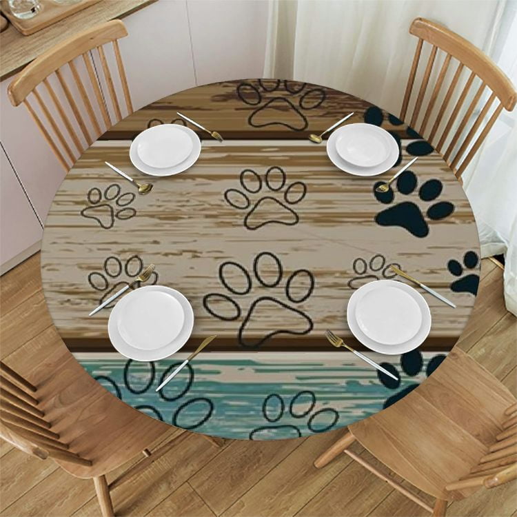 HAOXIT Dog Paw Print Round , Teal Brown Beige Wood Fitted Table Cover ...
