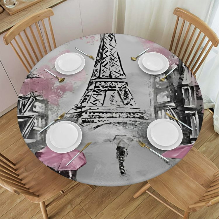 HAOXIT Eiffel Tower Pink Lovers Paris Fitted Round Tablecloth ...