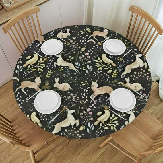 HAOXIT Elastic Fitted Tablecloth, Deer Elk Branch Bird Rabbit Round ...