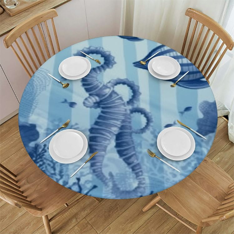 HAOXIT Ocean Animal Blue Tablecloth Decor Striped Fish Seahorse ...