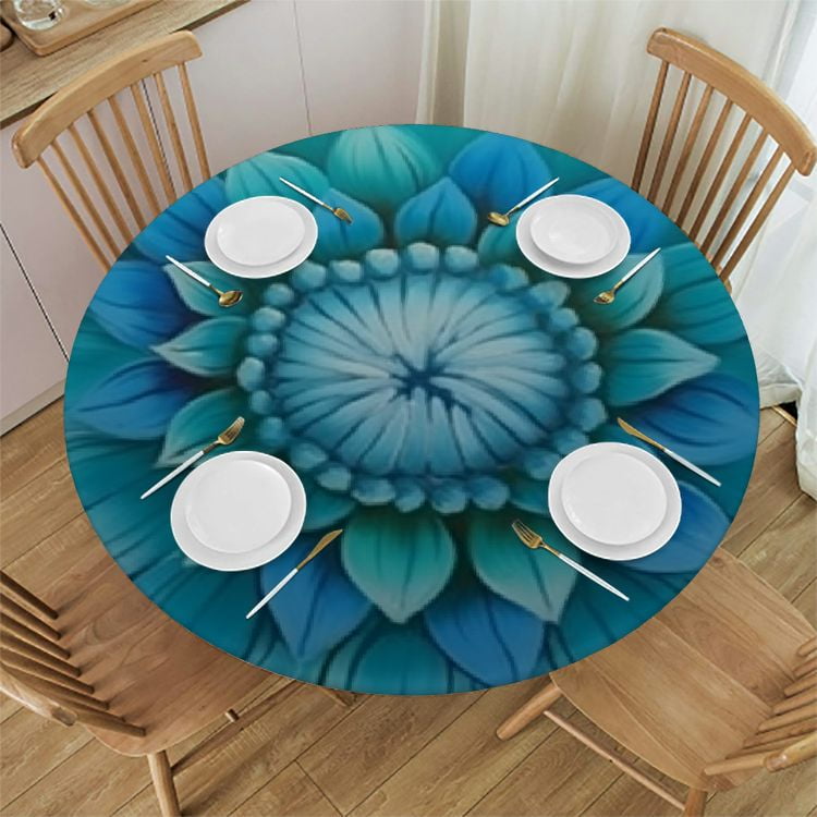 HAOXIT Teal Flower Round Fitted Tablecloth Small Round Table Cover with ...