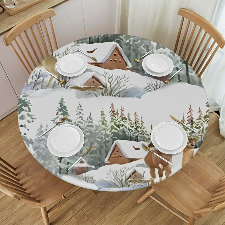 HAOXIT Winter Snow Landscape Tablecloth Elastic Edge Fitted Tree Deer ...