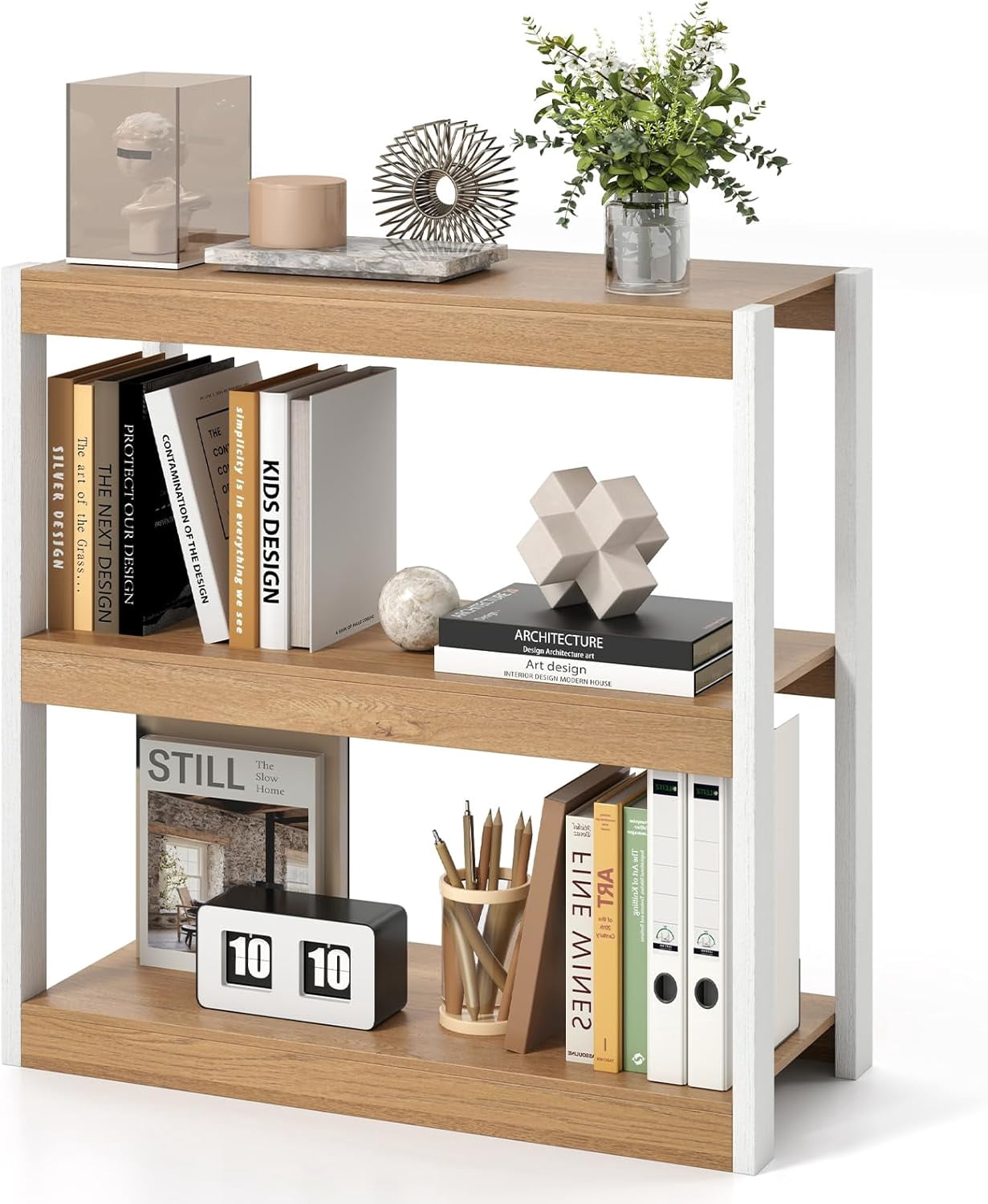 HAOYAN 3 Tier Open Bookshelf Set of 2, Freestanding Wooden Bookcase ...