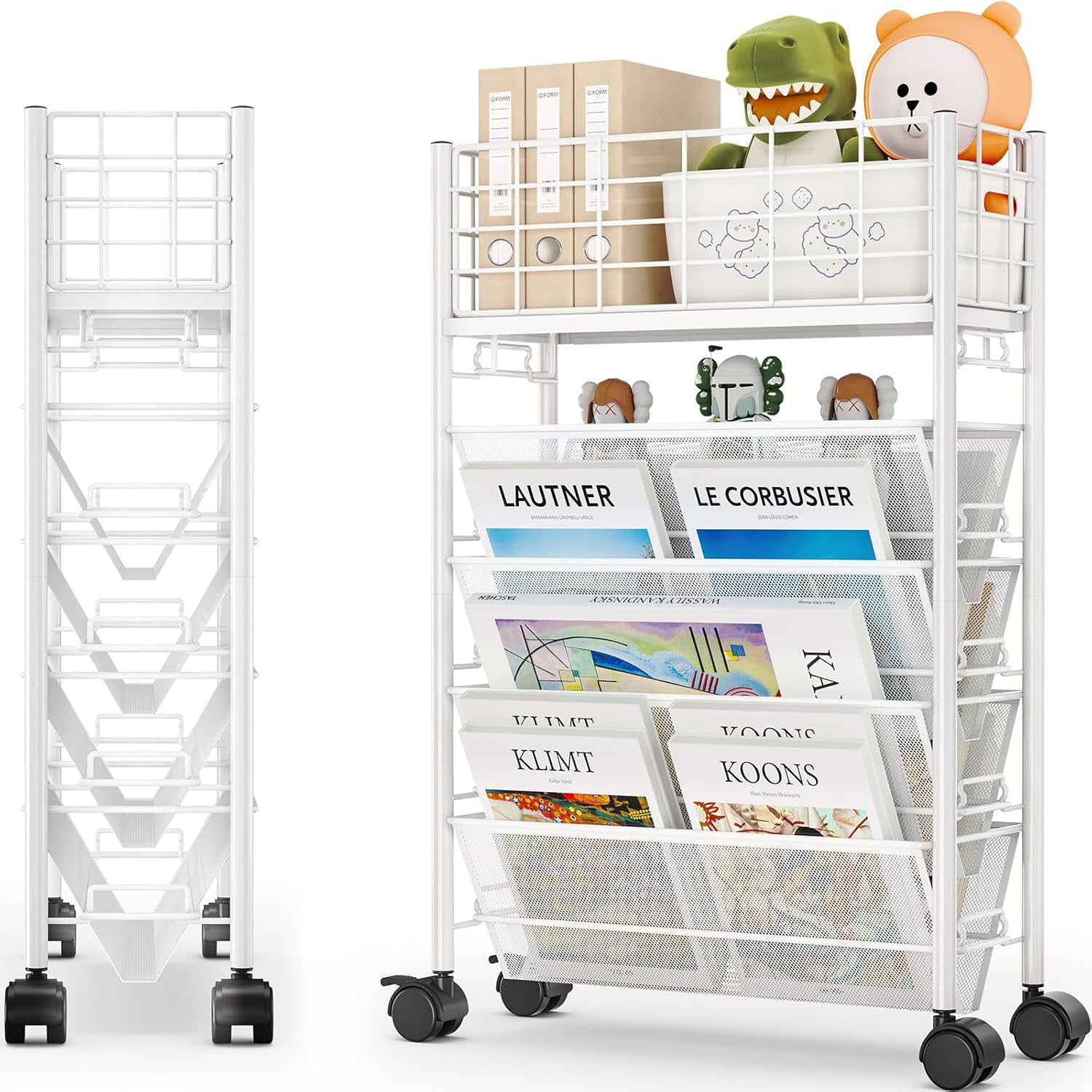 HAOYAN 5 Tier Metal Rolling Book Cart, Movable Book Rack Storage ...
