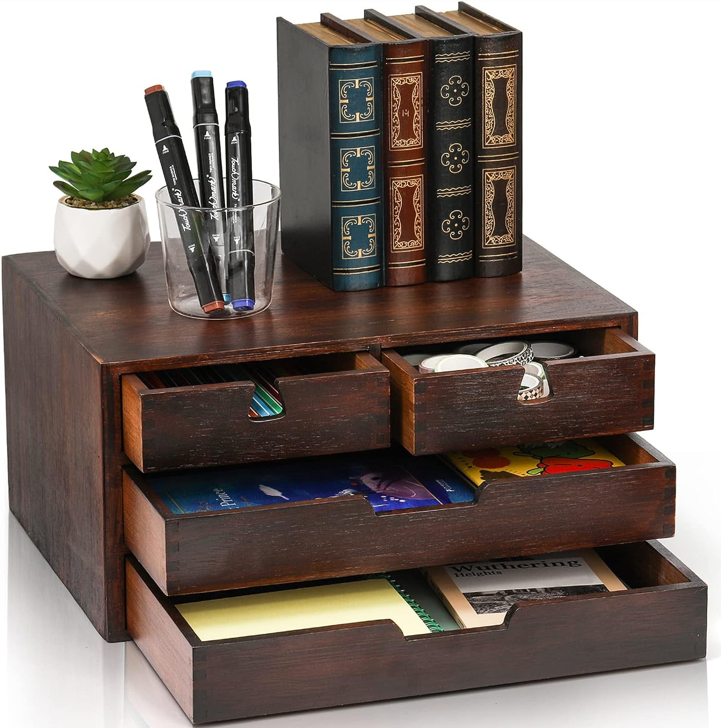 HAOYAN Bamboo Desk Organizer, Bamboo Storage Cabinet Box with 4 Drawer ...