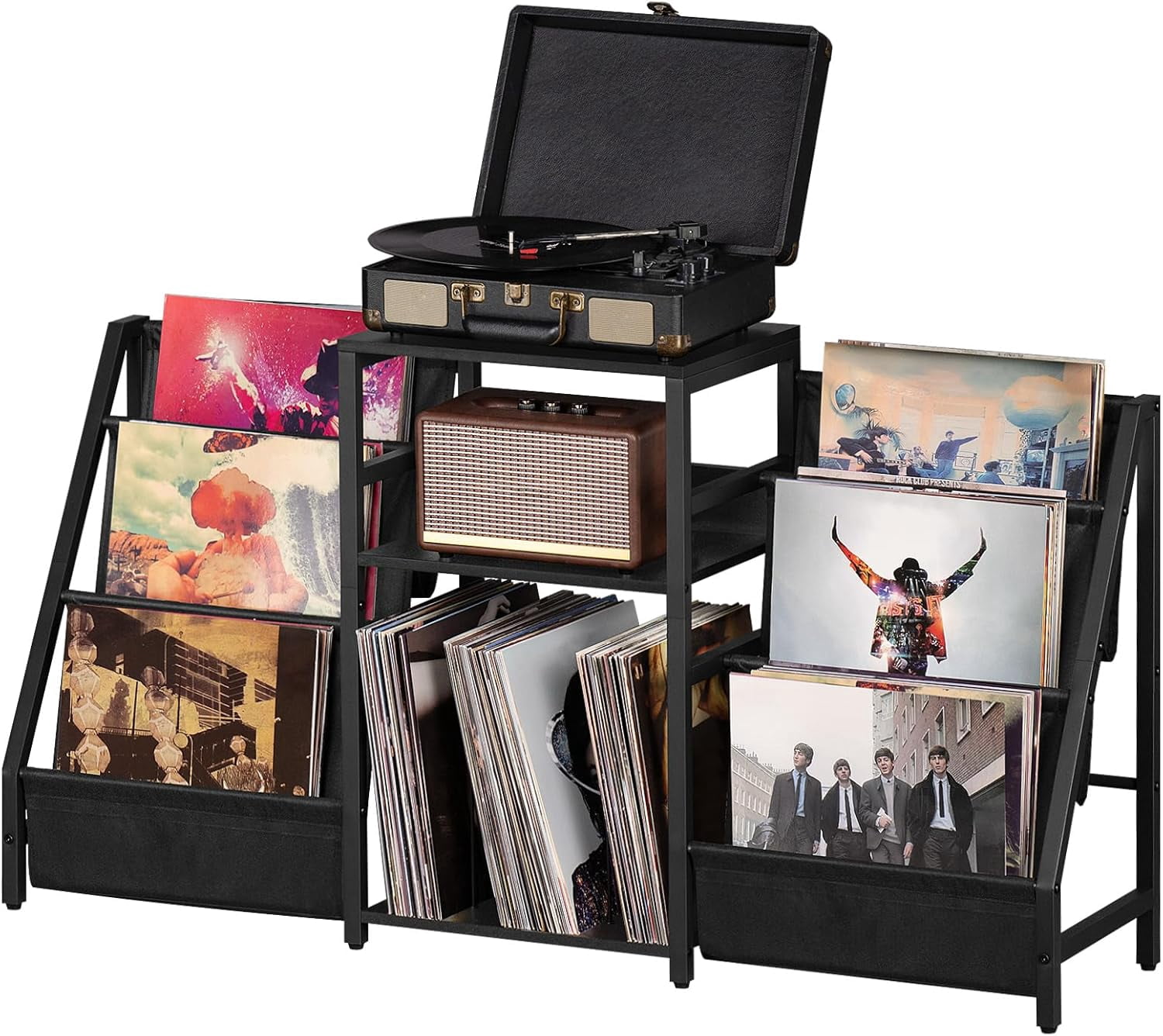 HAOYAN Black End Table,Record Player Stand with Vinyl Storage,3 Tier ...