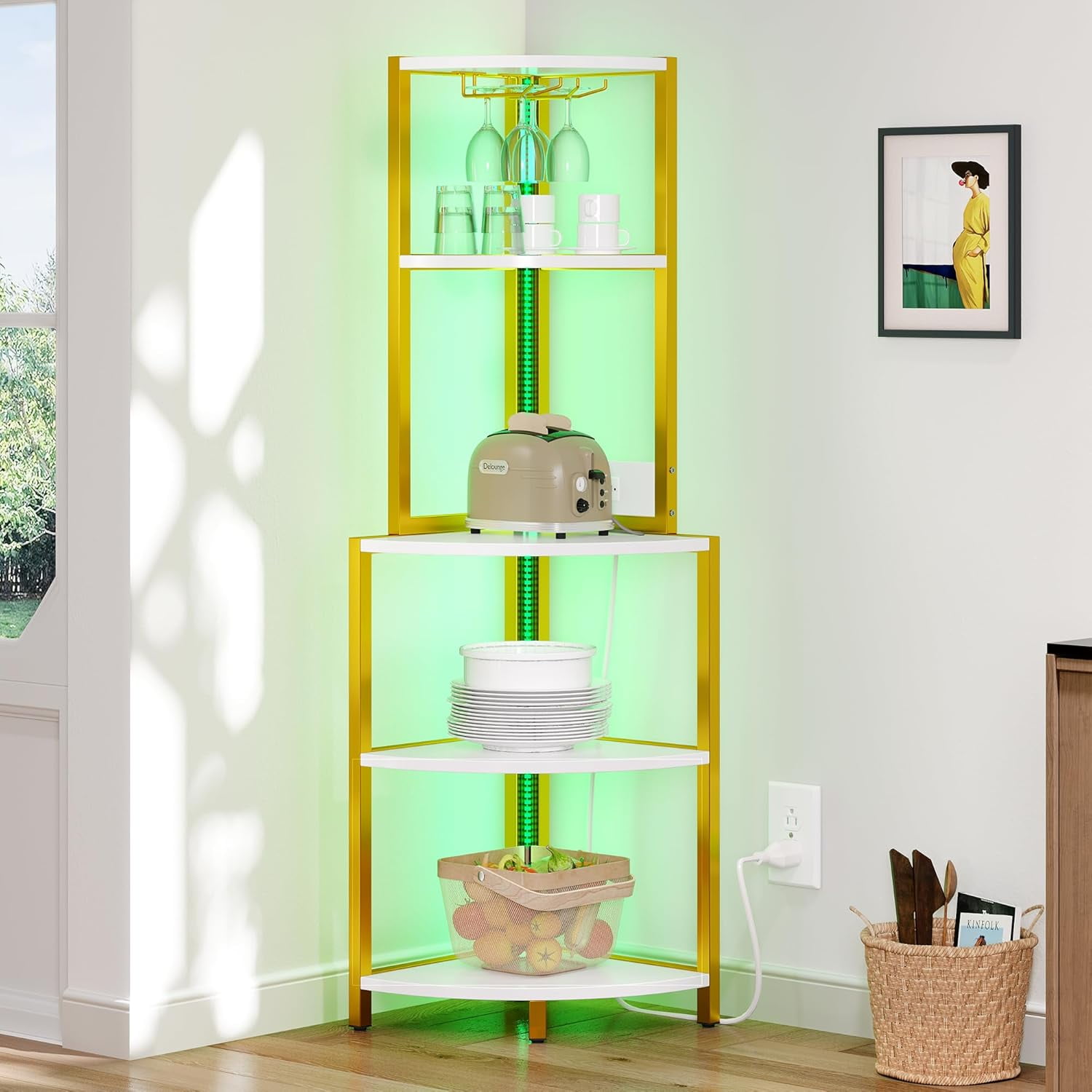 HAOYAN Corner Shelf with Power Outlets & LED Lights & Glass Holder, 5 ...