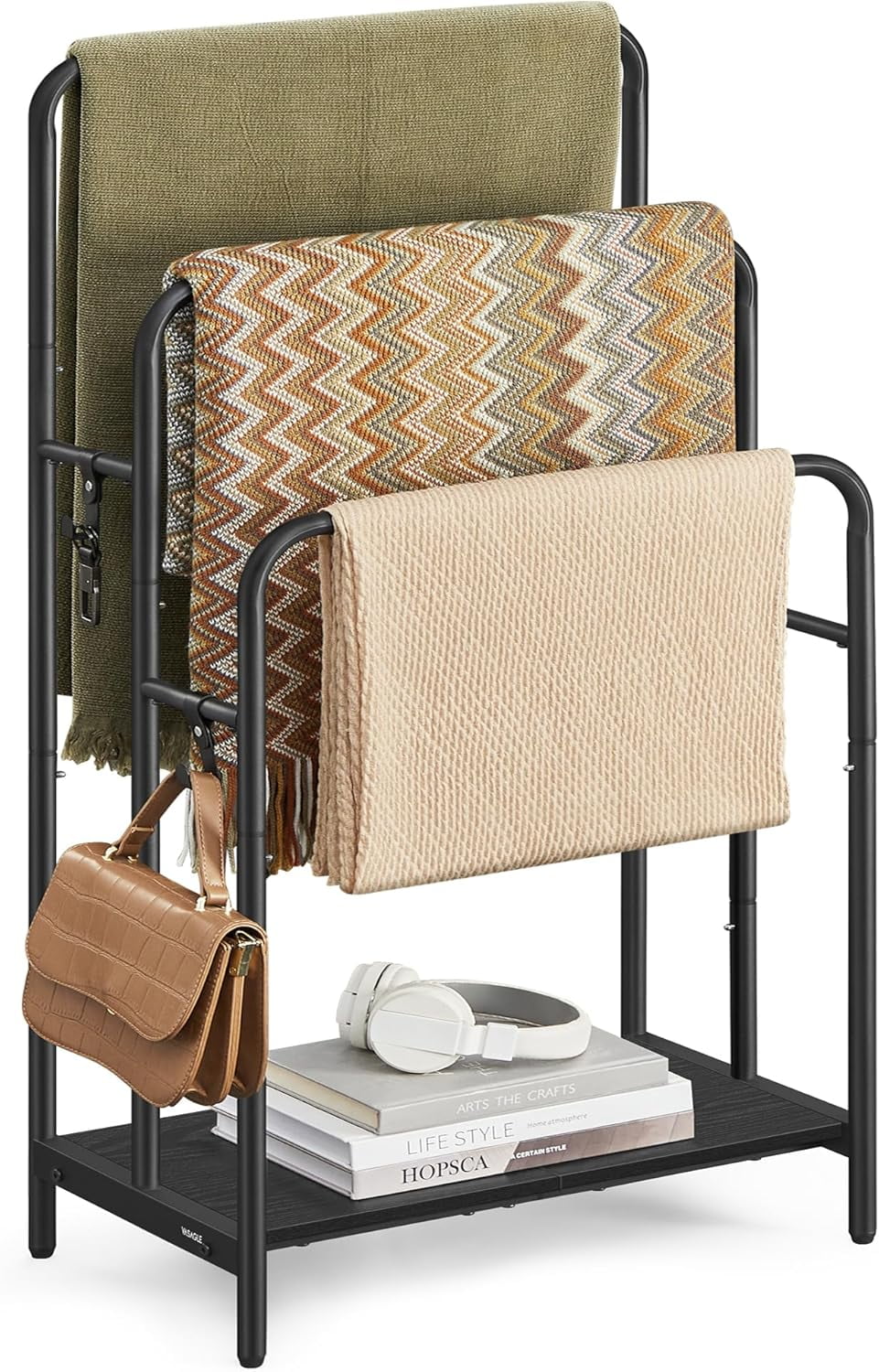 HAOYAN Freestanding Towel Rack, 3-Tier Blanket Holder with Storage Shelf, 27.6 x 11.8 x 39.4 ...