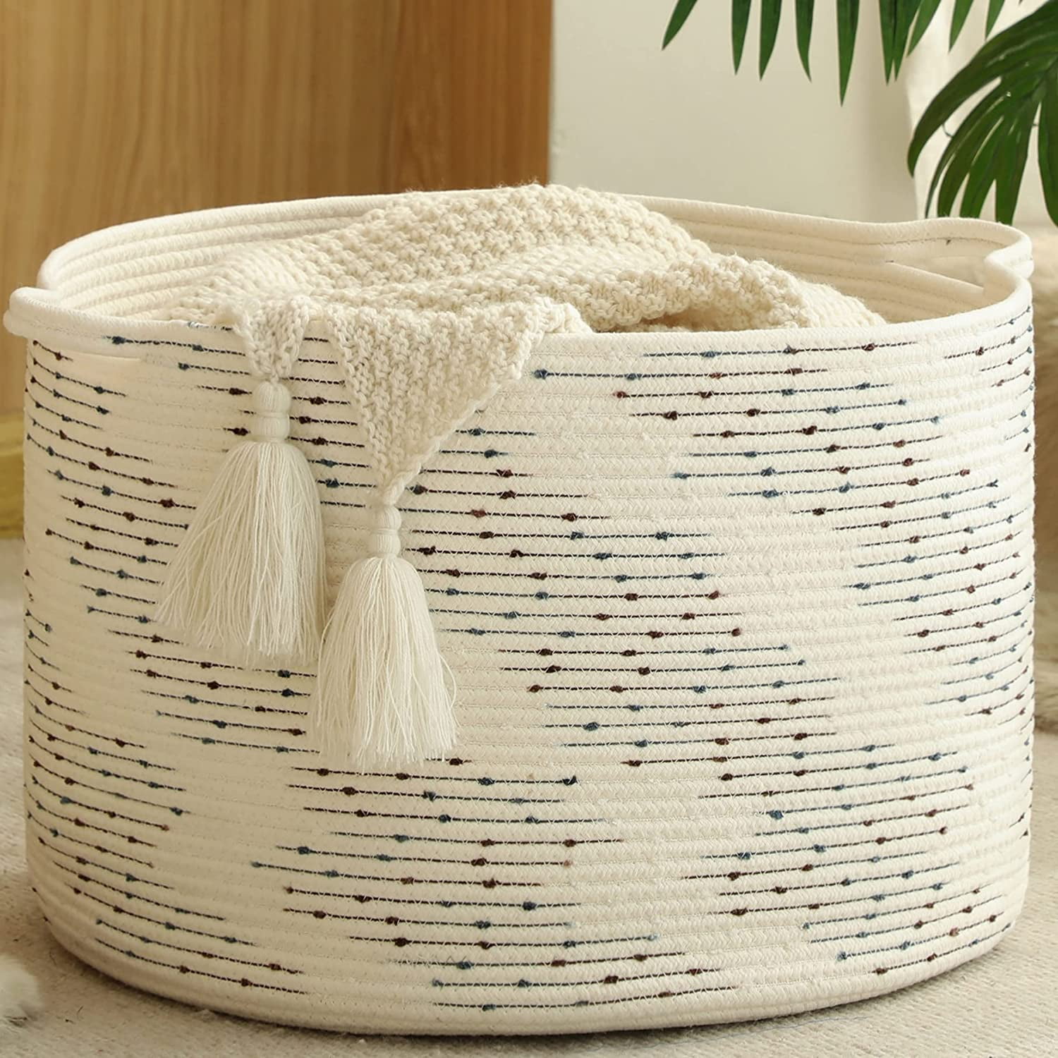 HAOYAN Large Blanket Basket (20"x13"),Woven Baskets for storage Baby Laundry Hamper White Dot ...