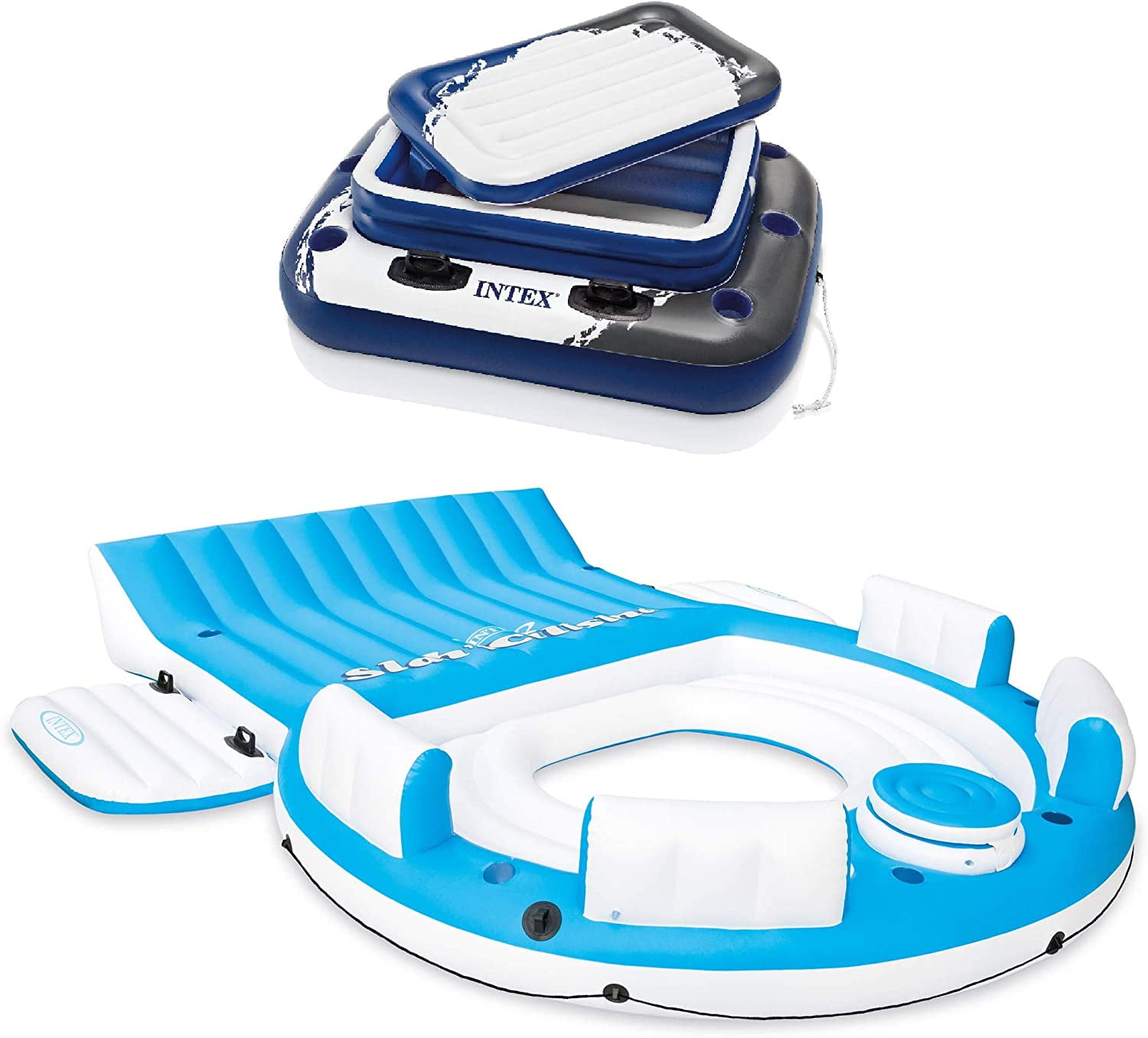 HAOYUAN 4 Person Vinyl Island Pool Lake Raft Lounger with Cup Holders, Grab Handles, Boston ...