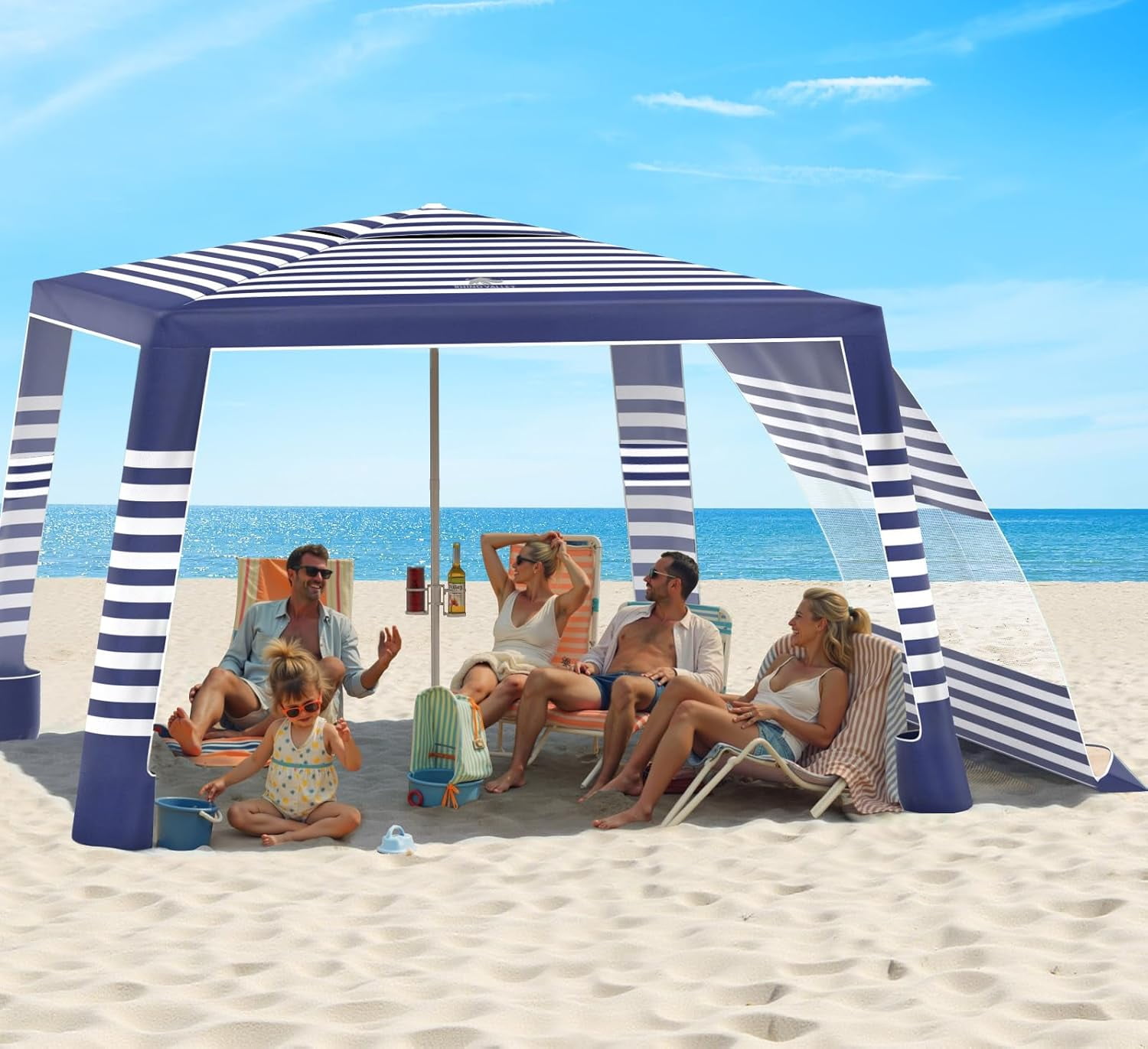 HAOYUAN Beach Cabana, 8 × 8FT Foldable Beach Tent with Cup Holder, Beach Canopy Easy Setup with ...