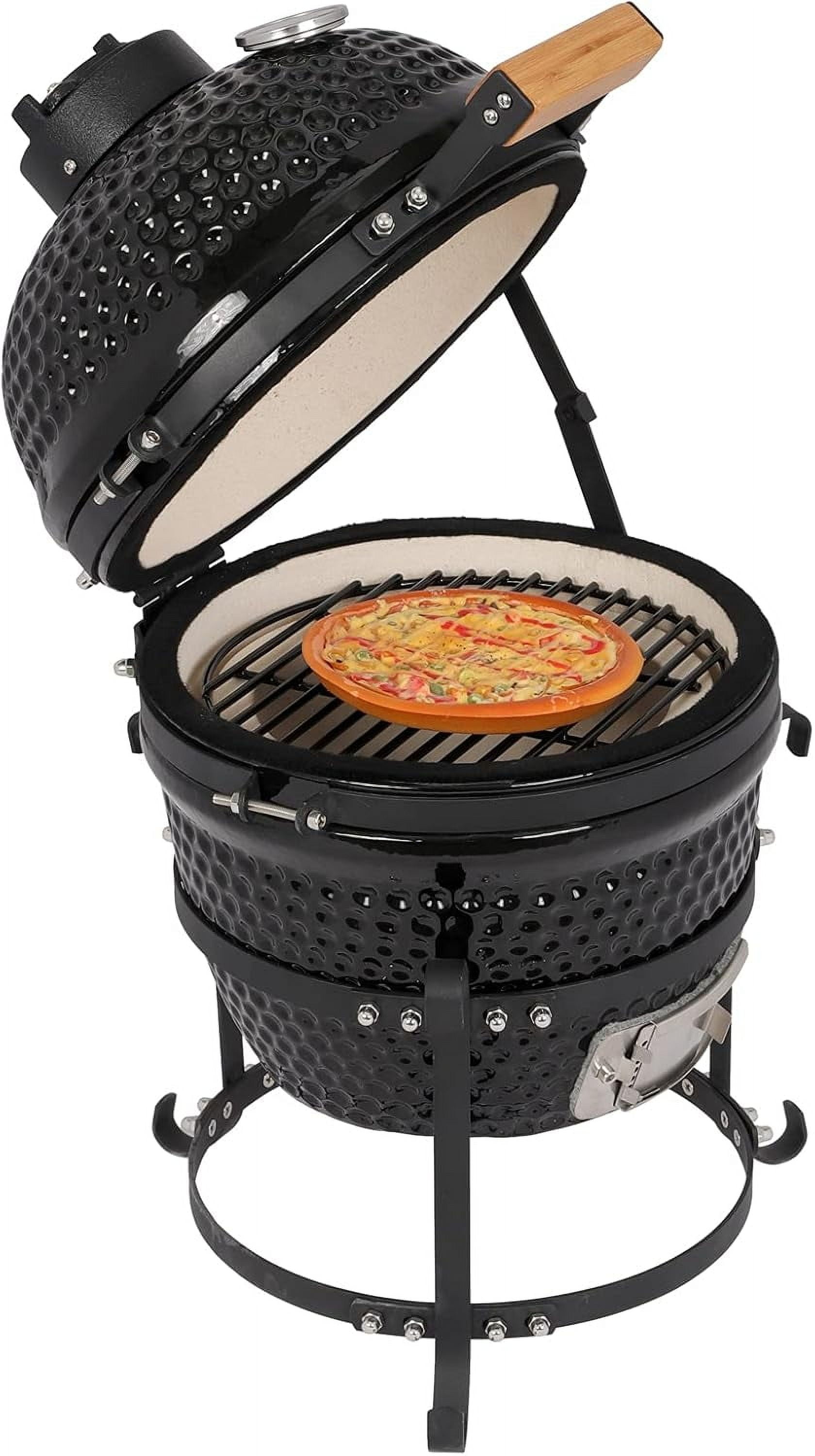 HAOYUAN Ceramic Grill, 13" Round Kamado Charcoal Grill, Portable Barbecue Grill with Thermometer ...