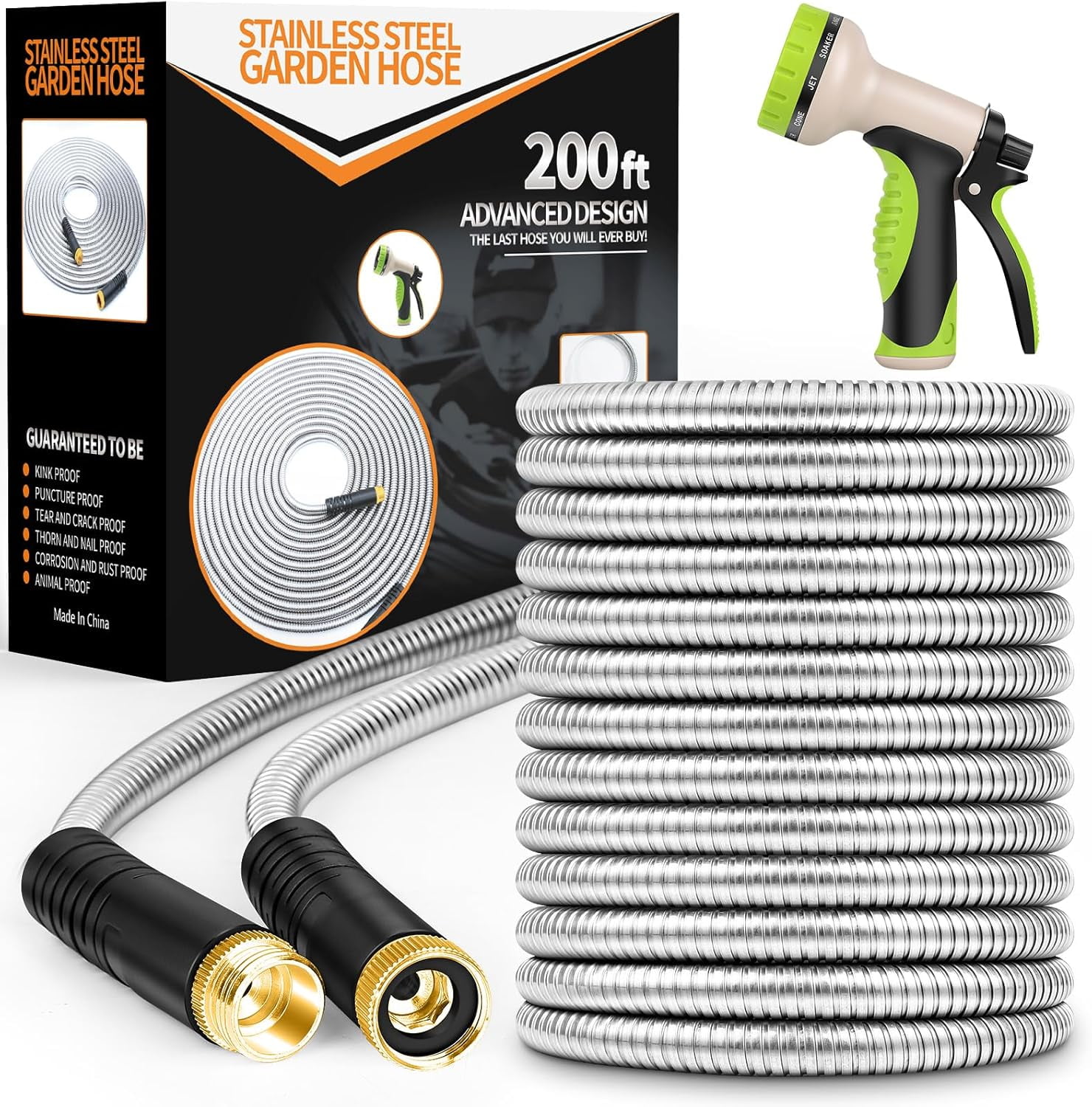 HAOYUAN Garden Hose 200ft, Stainless Steel Heavy Duty Water Hose with 10 Function Nozzle ...