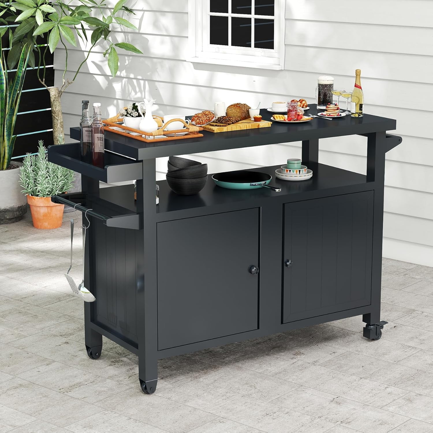 HAOYUAN Grill Cart Outdoor with Storage Cabinet Portable Rolling Patio ...