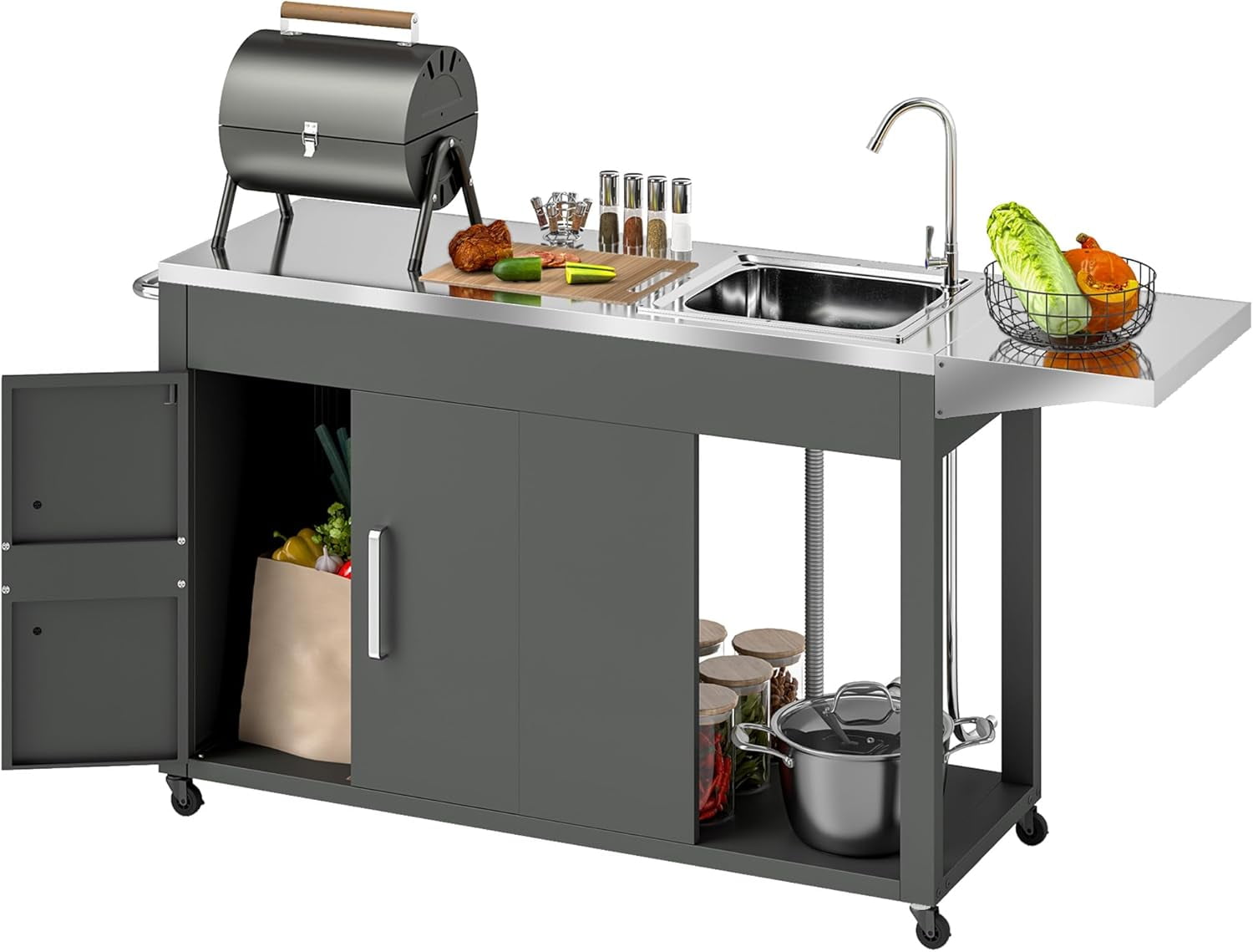 HAOYUAN Outdoor Grill Table with Stainless Steel Sink and Drainage Grill Cart with Foldable Side ...