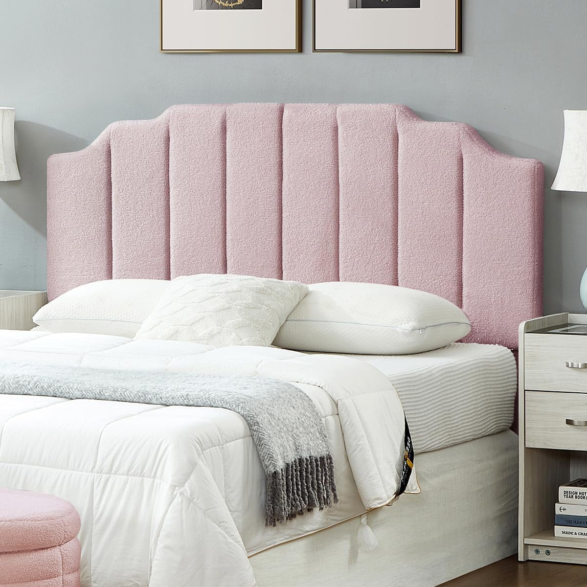 HAOYUAN Pink Teddy Fabric Tufted for Queen Upholstered Headboard ...
