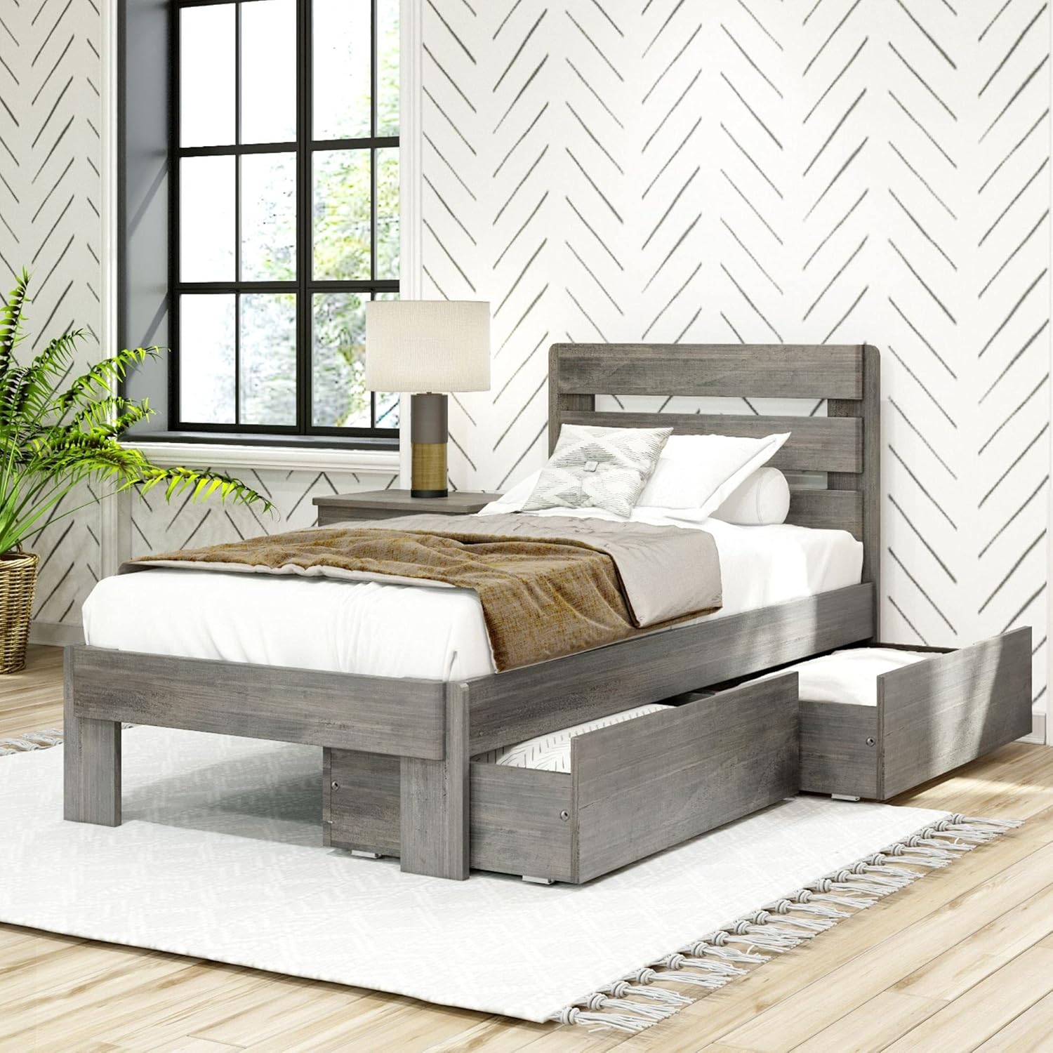 HAOYUN Modern Farmhouse Bed with Plank Headboard and Storage Drawers ...