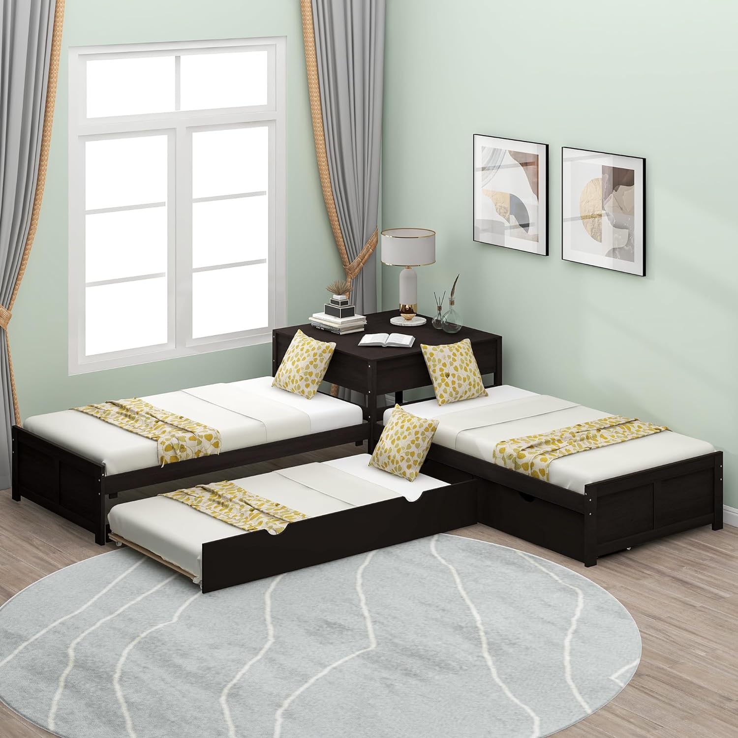 HAOYUN Twin L-Shaped Platform Beds, Wood Corner Bed Frame with Trundle ...