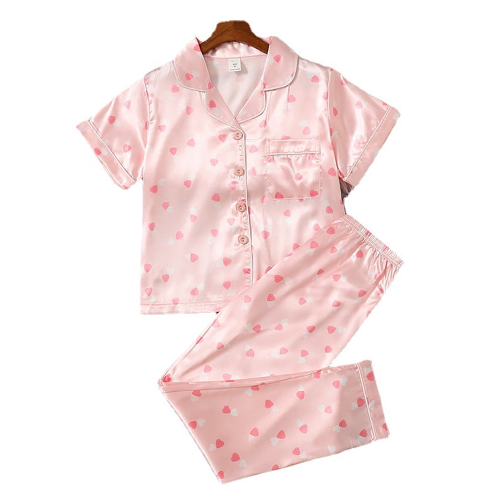 HAOYUNL Kids 2Pcs Pajama Pj Set for Girls Silk Satin Sleepwear Set ...
