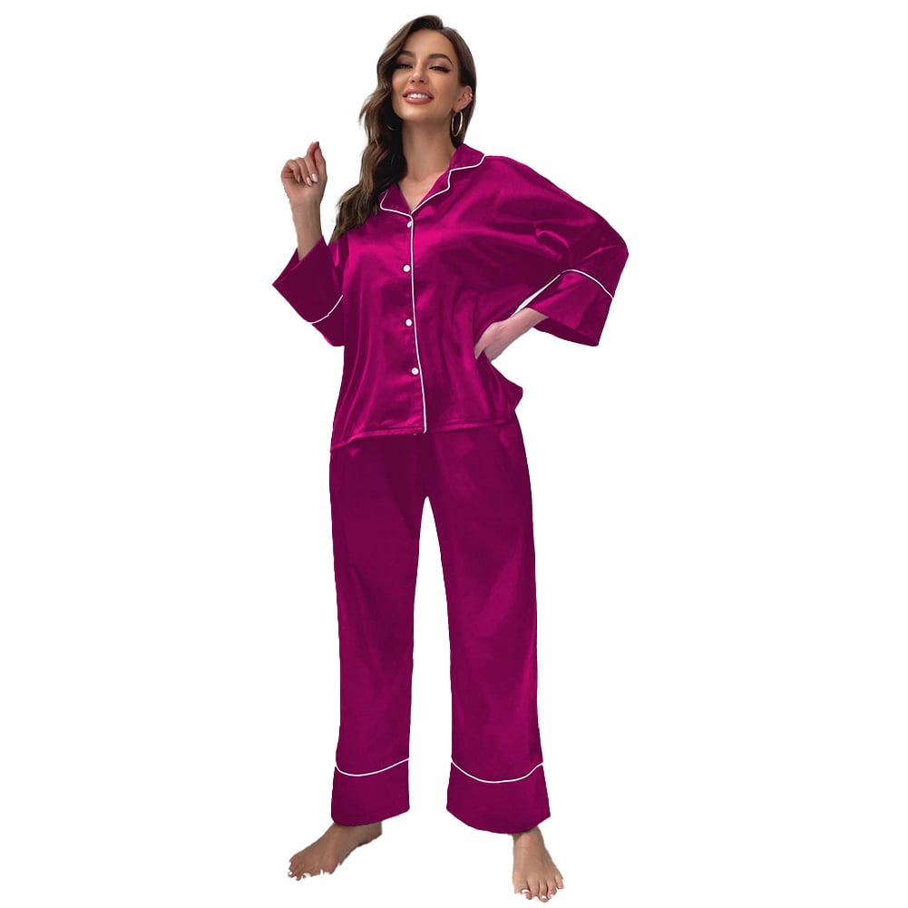 HAOYUNL Womens 2 Piece Silk Satin Pajama Set Long Sleeve Lounge Sets ...