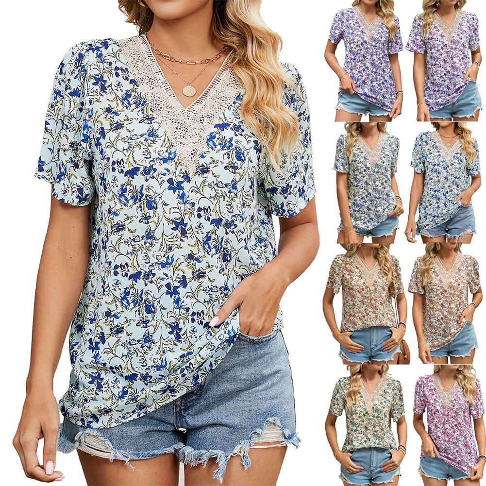 HAOYUNL Womens Floral Tops Summer Casual Floral Print Short Sleeve V ...