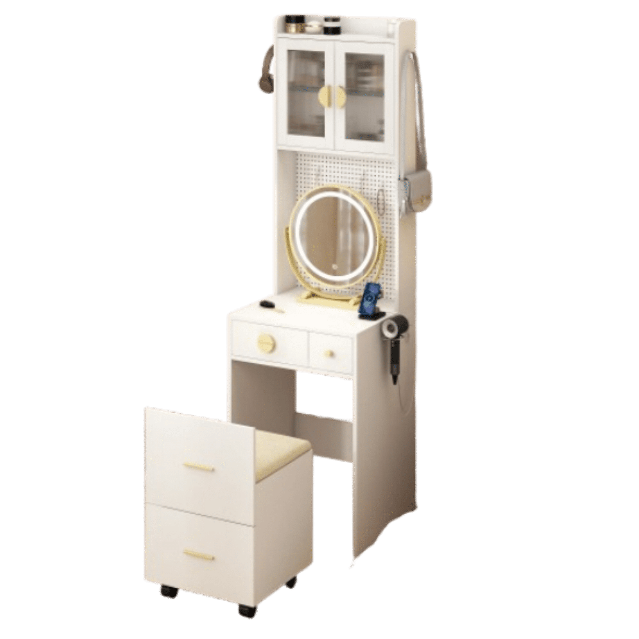 HAOYYE Compact Vanity Desk Set with Mirror, LED Lights & Charging ...