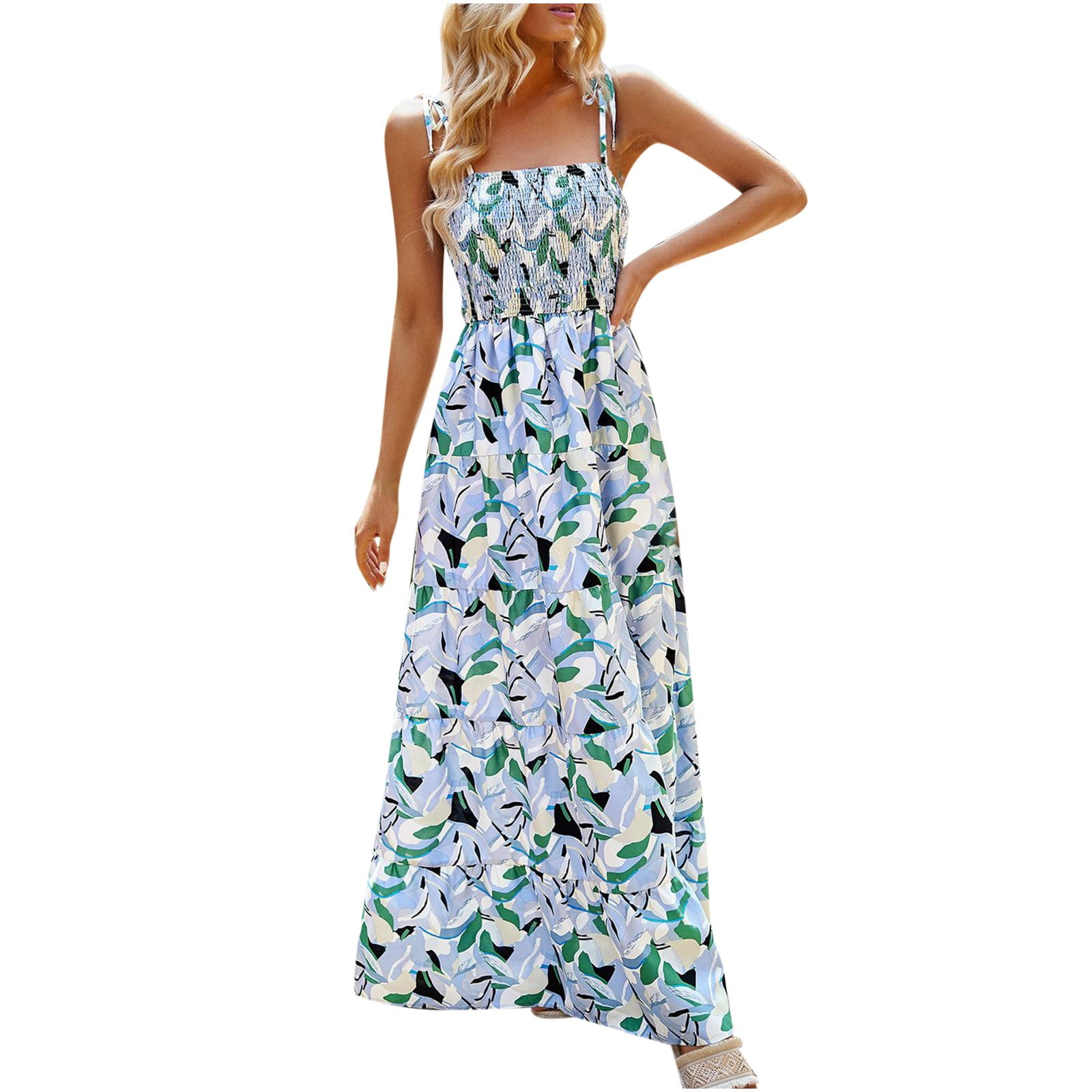 HAPIMO Cotton Linen Tea Length Dress for Women Clearance Floral Print ...