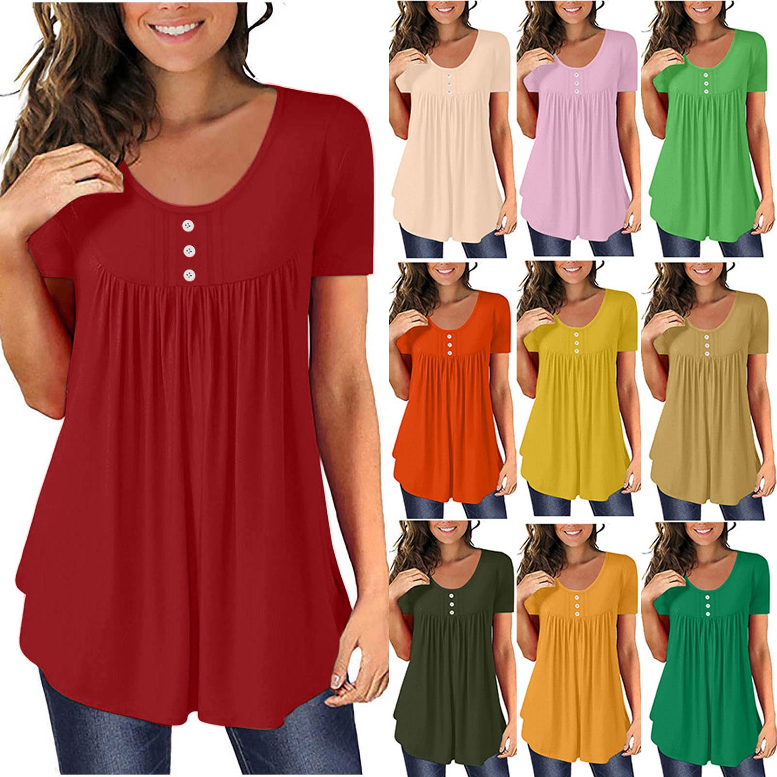HAPIMO Discount Shirts for Women Casual Pleated Flowy Swing Pullover ...