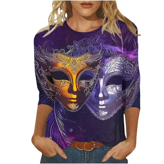 HAPIMO Mardi Gras Shirts for Women Festival Casual Blouses Fashion 3/4 ...