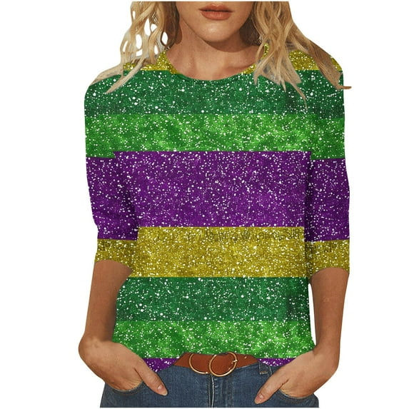 HAPIMO Mardi Gras Shirts for Women Festival Casual Blouses Fashion 3/4 ...
