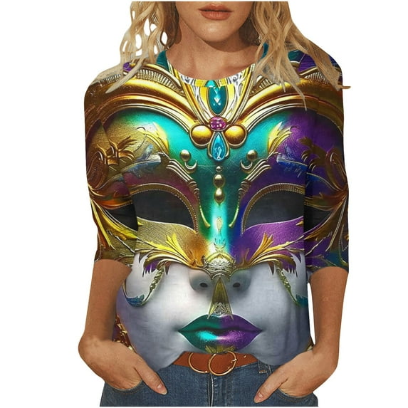 HAPIMO Mardi Gras Shirts for Women Festival Casual Blouses Fashion 3/4 ...