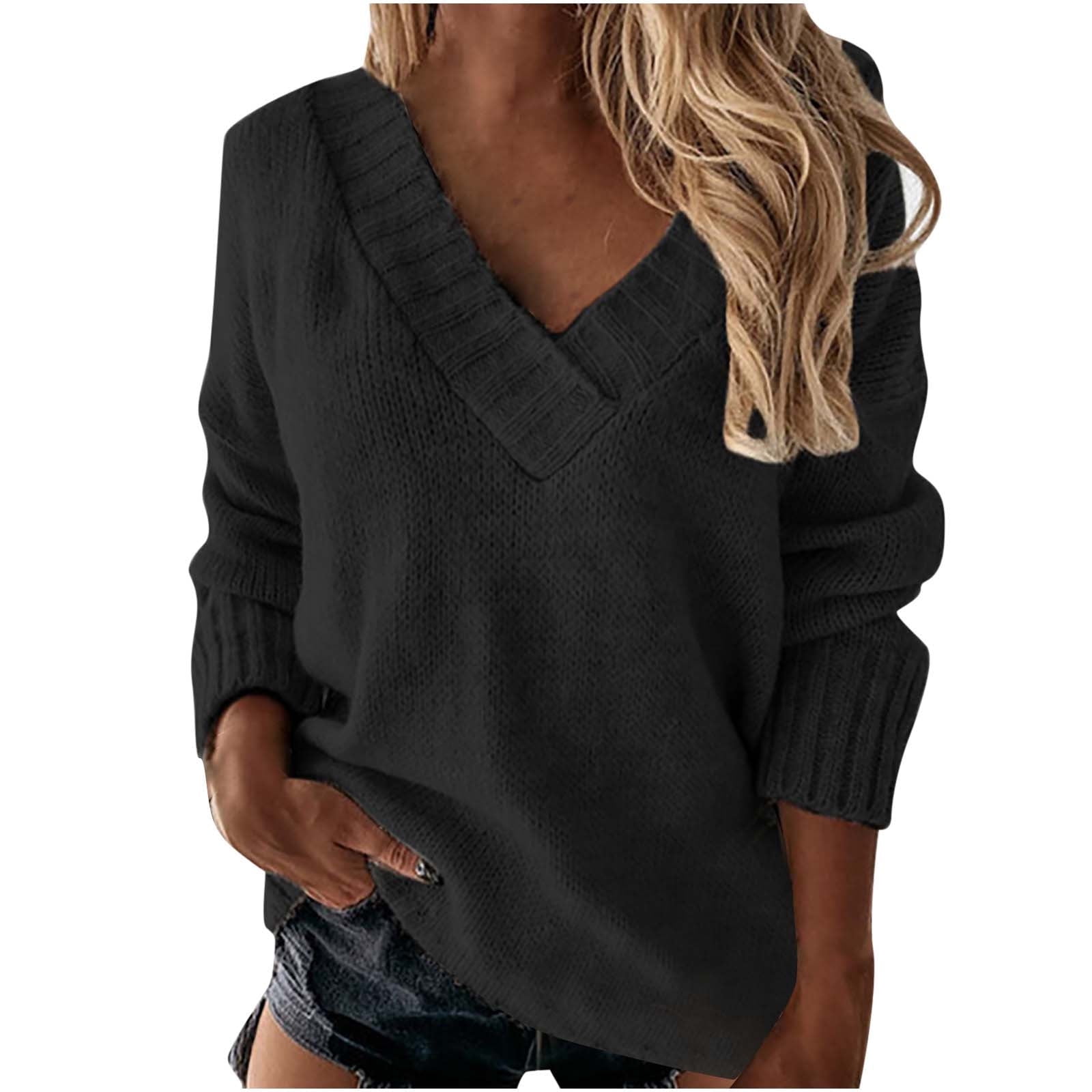 HAPIMO Oversized Sweaters for Women Deep V Neck Long Sleeve Cable Knit ...
