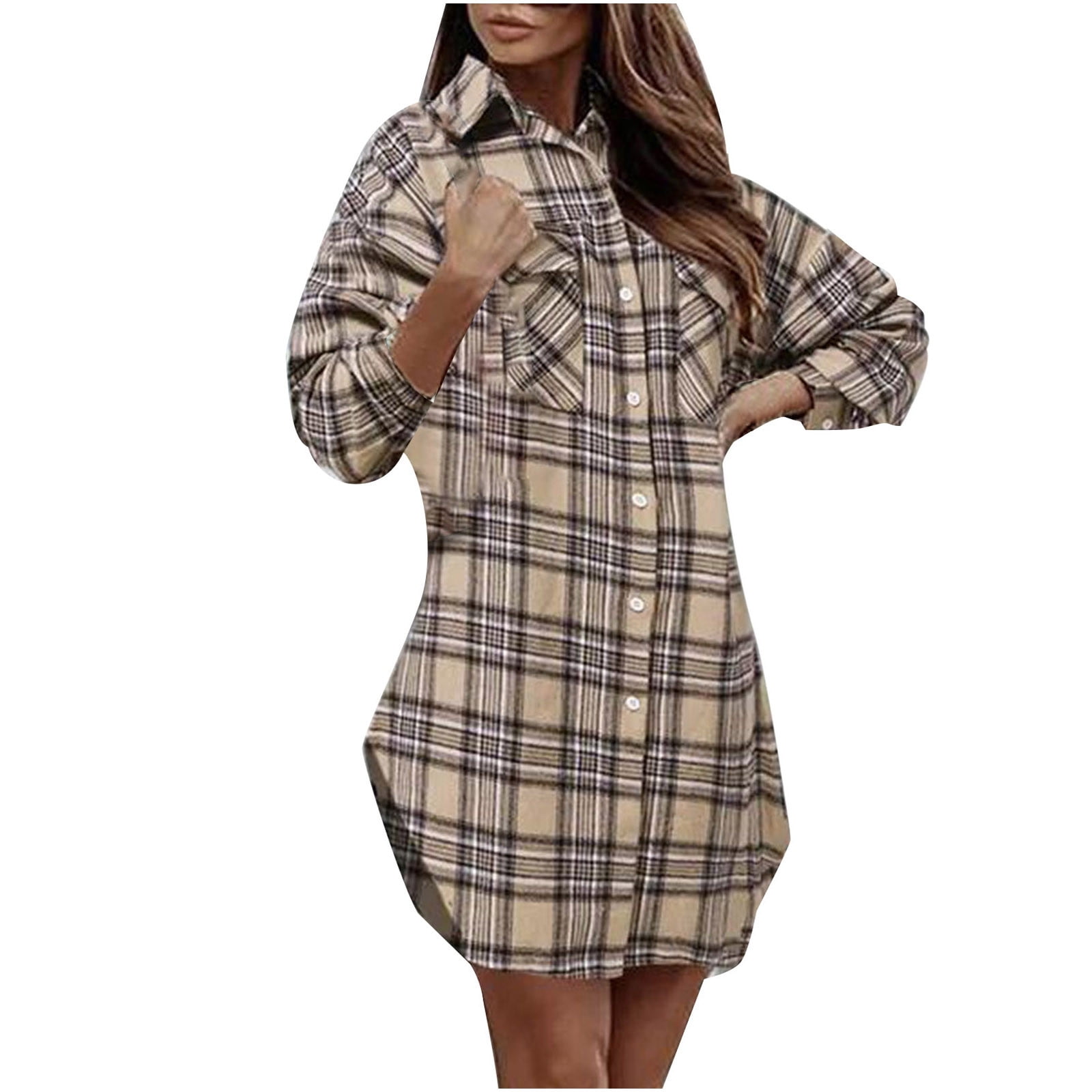 HAPIMO Womens Plaid Dresses Flannel Babydoll Dress Casual Lapel Collar ...