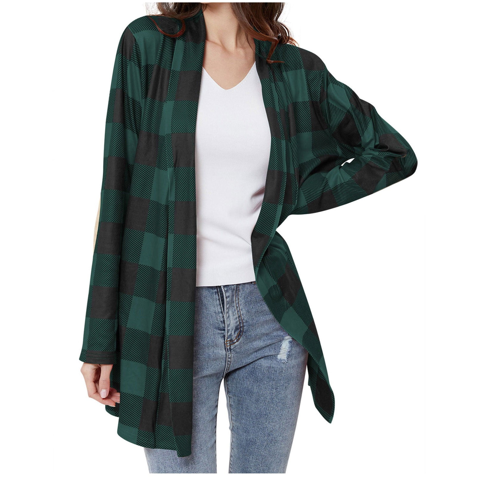 HAPIMO Sales Women's Open Front Plaid Cardigan Long Sleeve Patch Draped ...