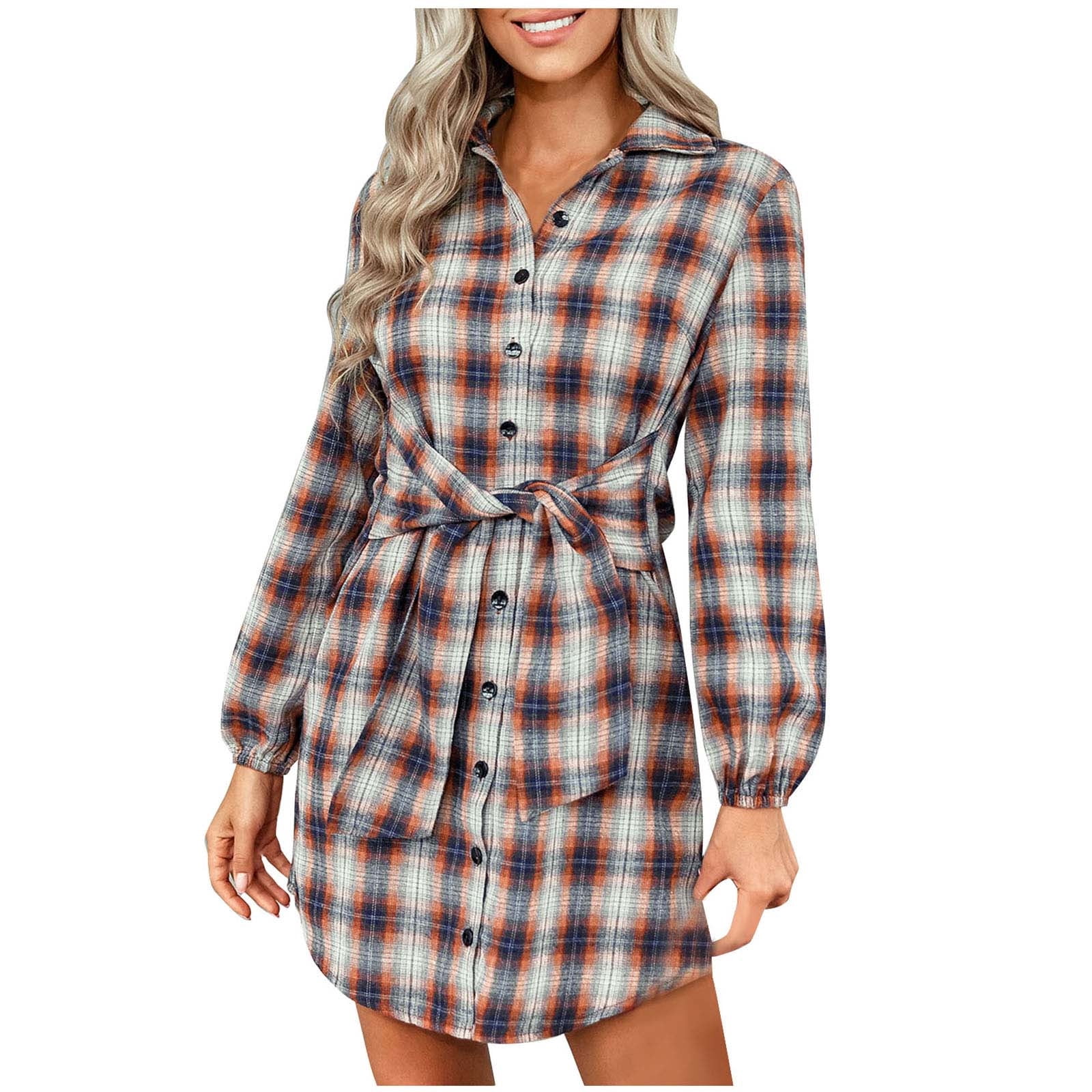 HAPIMO Sales Womens Plaid Dresses Flannel Babydoll Dress Casual Lapel ...