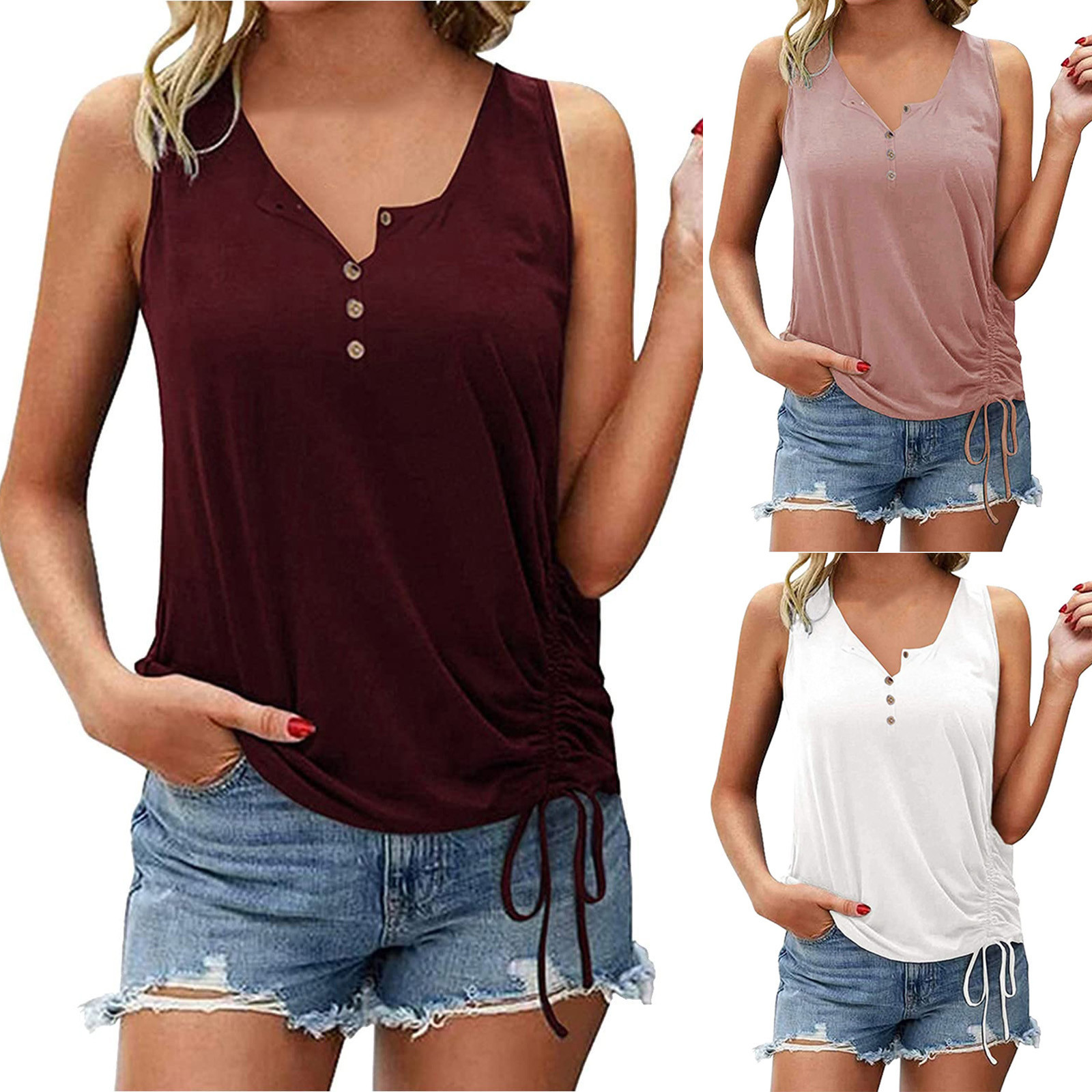 HAPIMO Sales Womens Summer Tops Button Down V-Neck Vest Casual Loose Pleated Solid Color Ruched ...