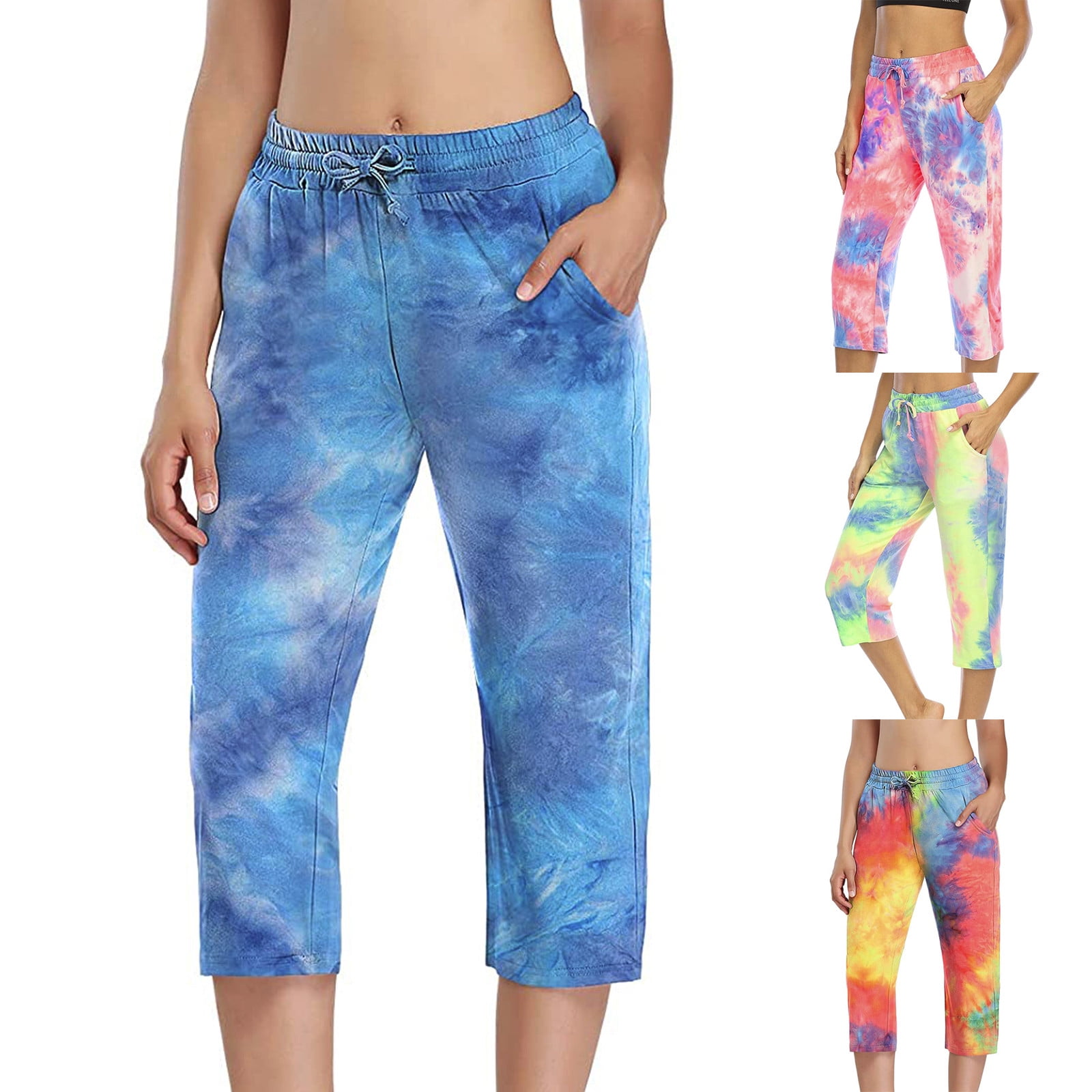 HAPIMO Women's Tie Dye Capri Pants Drawstring Workout Pants Slimming ...
