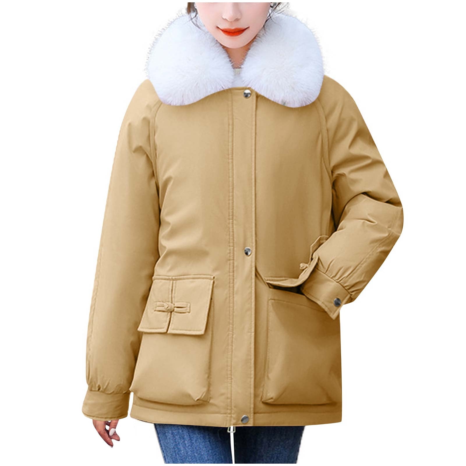 HAPIMO Woman'S Faux Fur Hood Coat Casual Long Sleeve Plus Size Cotton ...