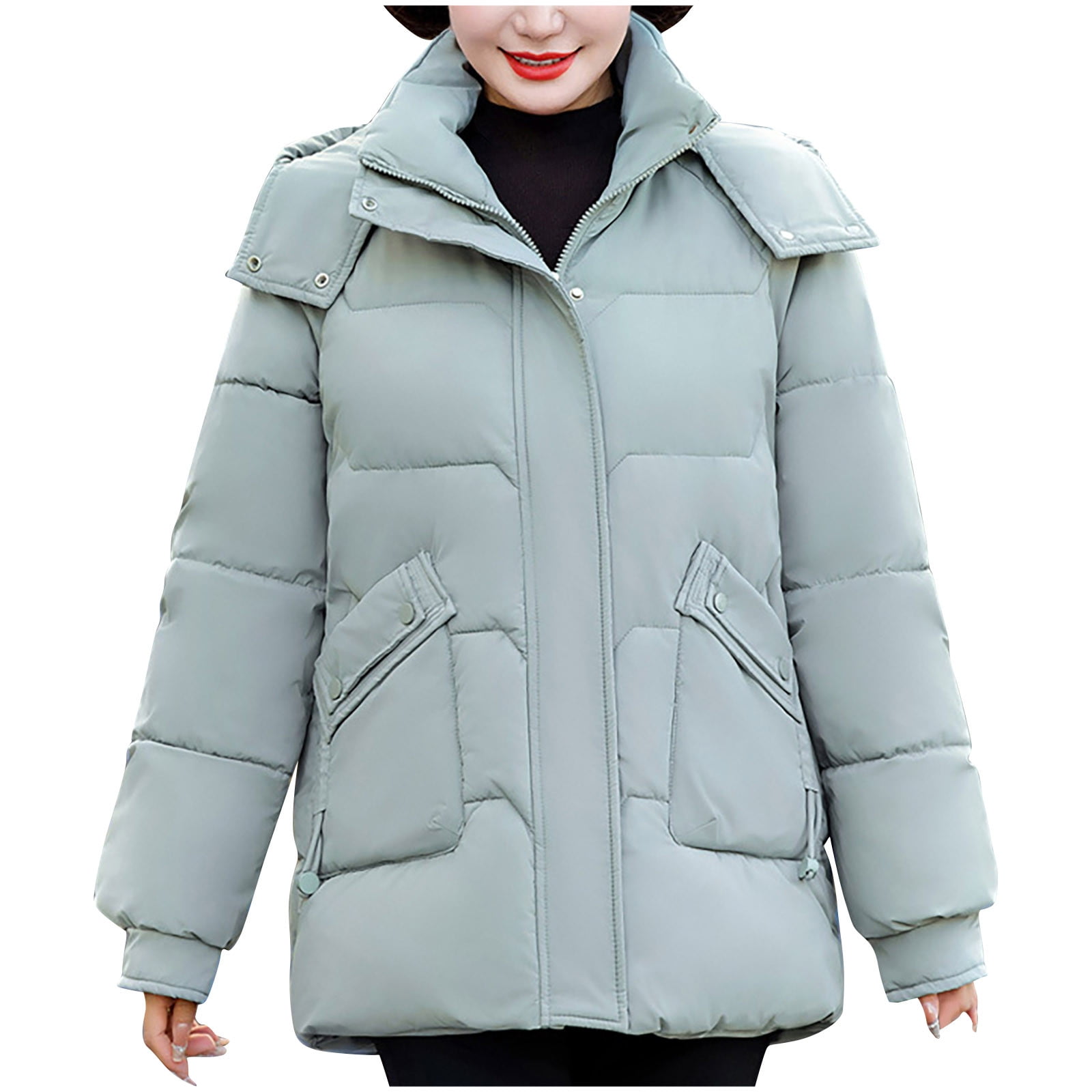 HAPIMO Women Quilted Coat Midi Length Long Sleeve Puffer Jacket Solid ...