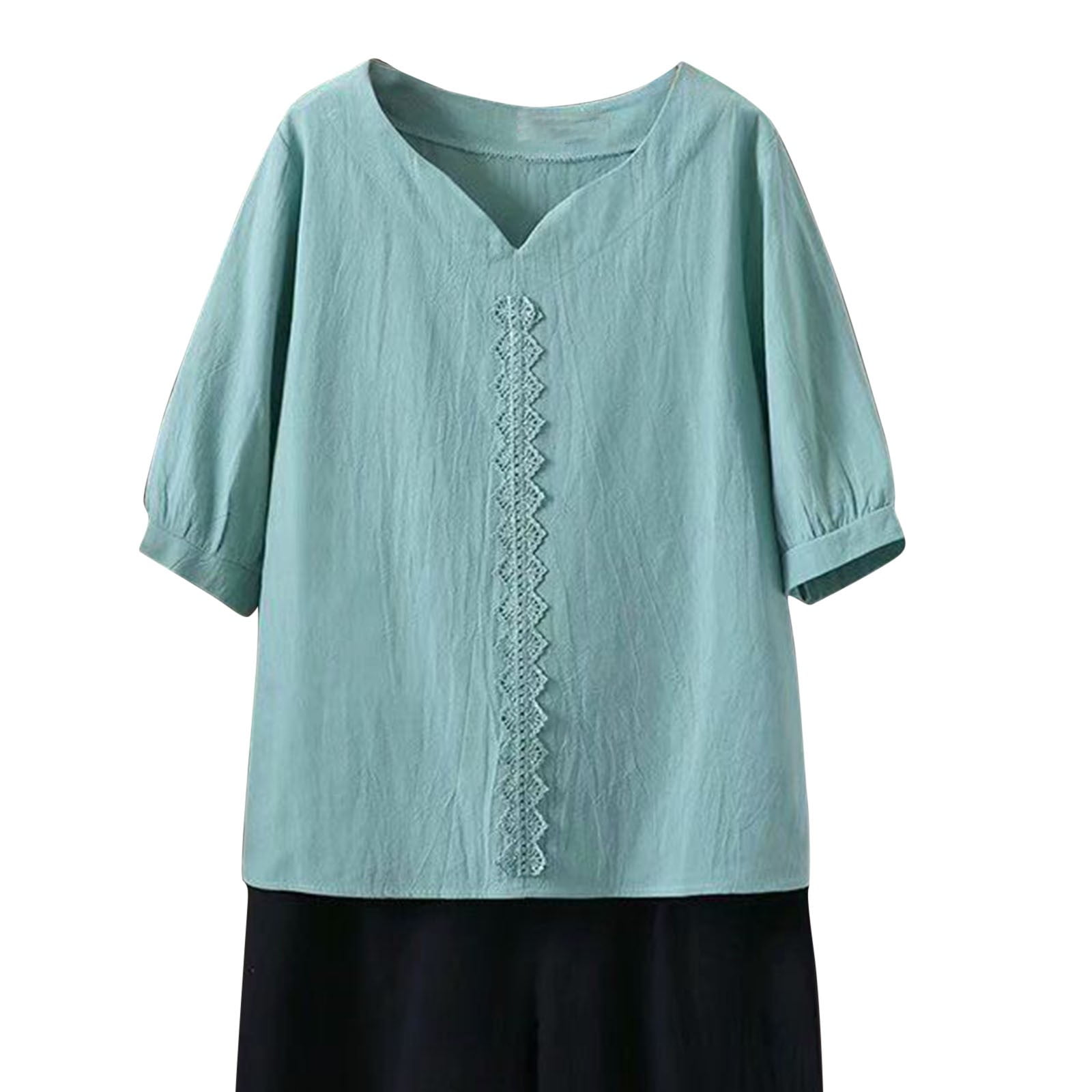 HAPIMO Women's 3/4 Sleeve Tees Loose Cotton Lined Tops Round Neck Blouses Floral Embroidery ...